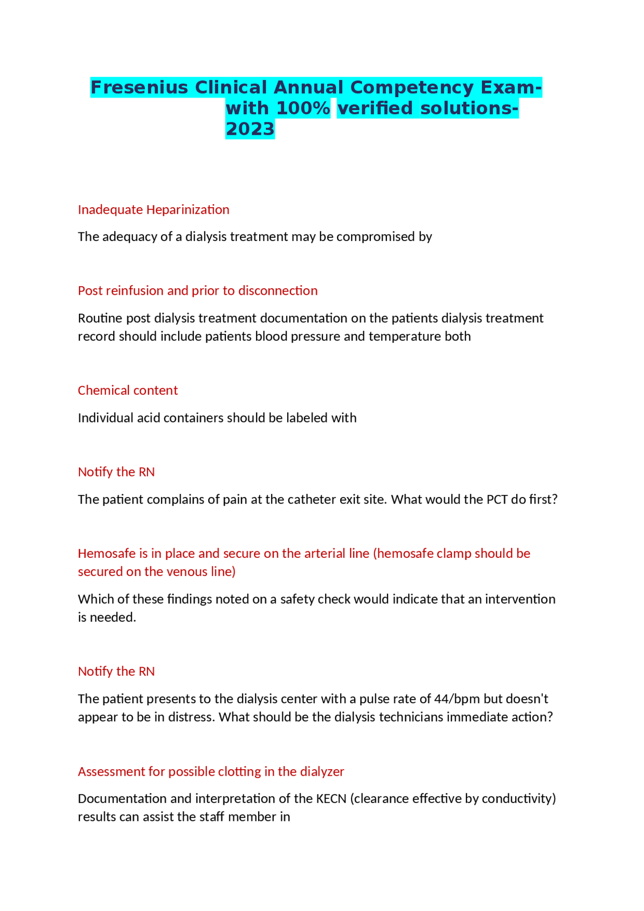 Fresenius Clinical Annual Competency Exam with 100 verified solutions ...