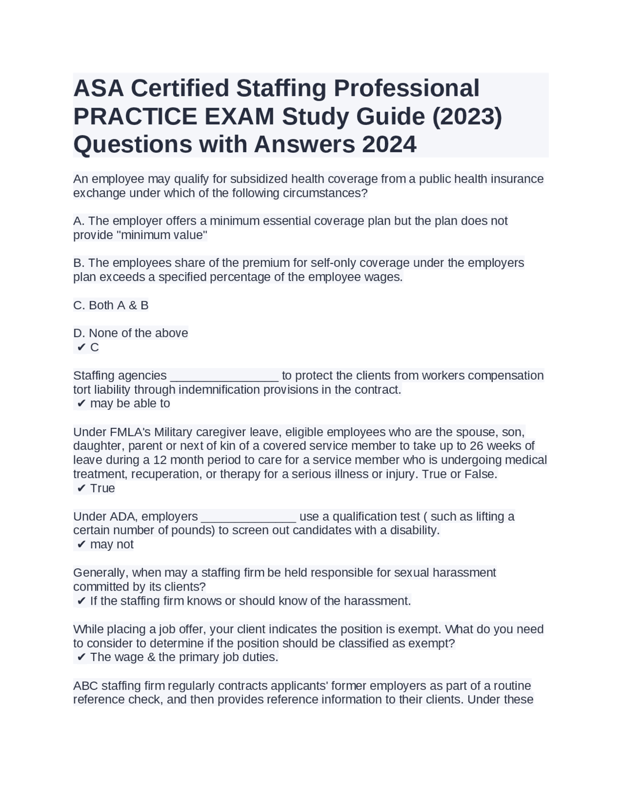 ASA Certified Staffing Professional PRACTICE EXAM Study Guide (2023 ...