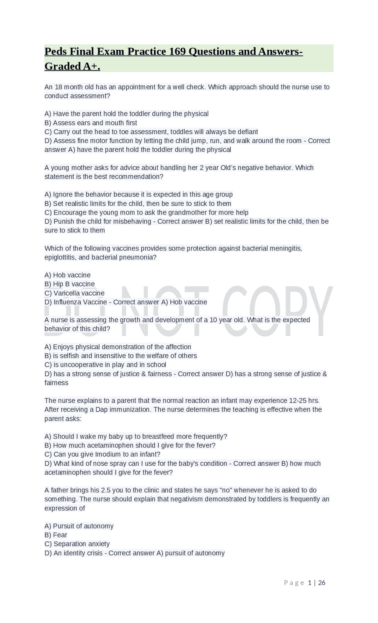 Peds Final Exam Practice 169 Questions and Answers-Graded A+. | Exams Laboratory Practices and ...