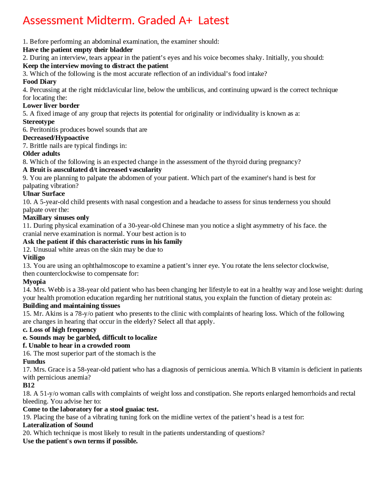 Advanced Health Assessment Exam 2 Review Questions & Answers | Exams ...