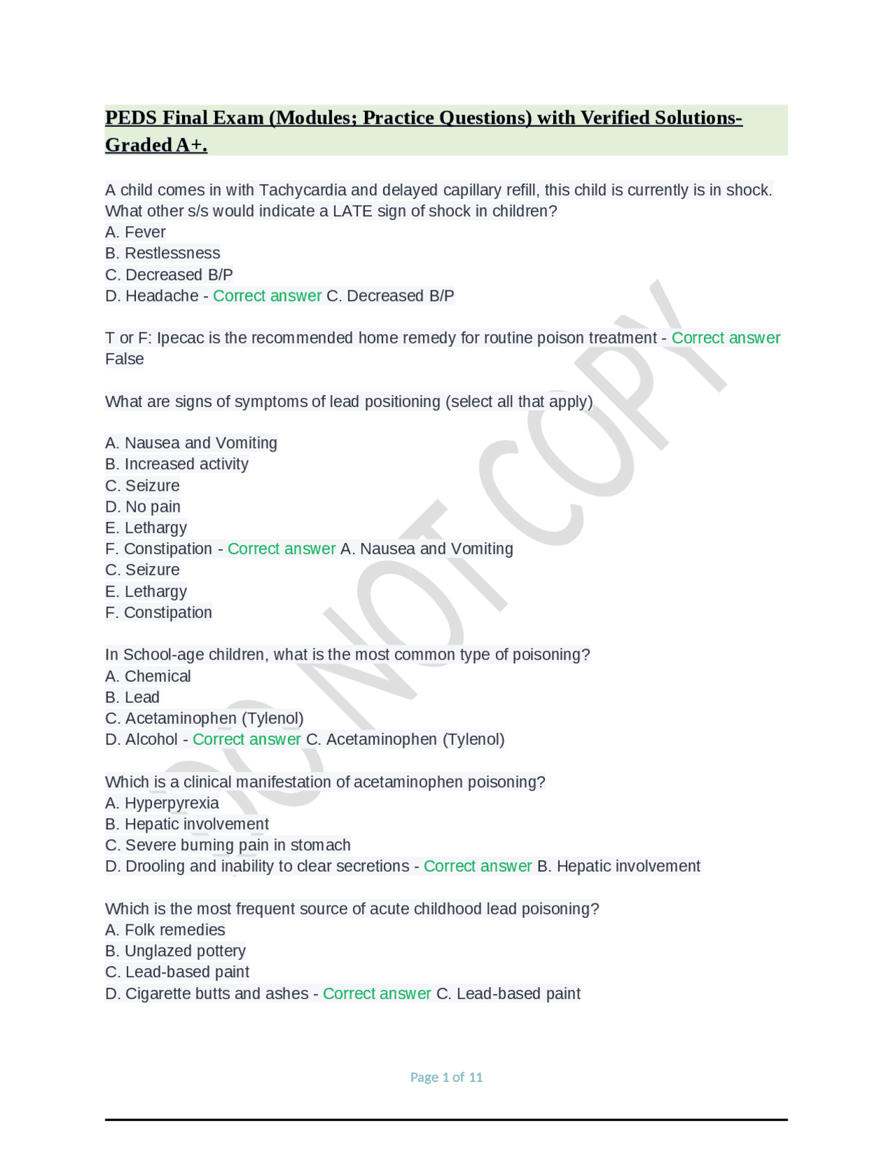PEDS Final Exam (Modules; Practice Questions) with Verified Solutions ...