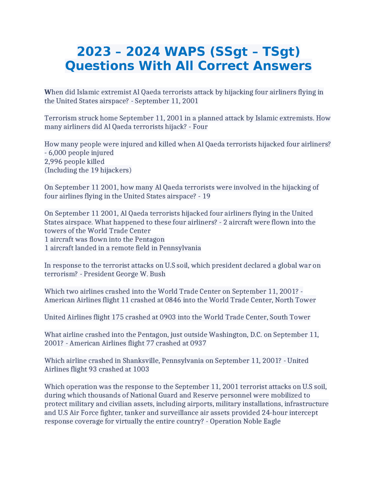 2023 – 2024 WAPS (SSgt – TSgt) Questions With All Correct Answers ...