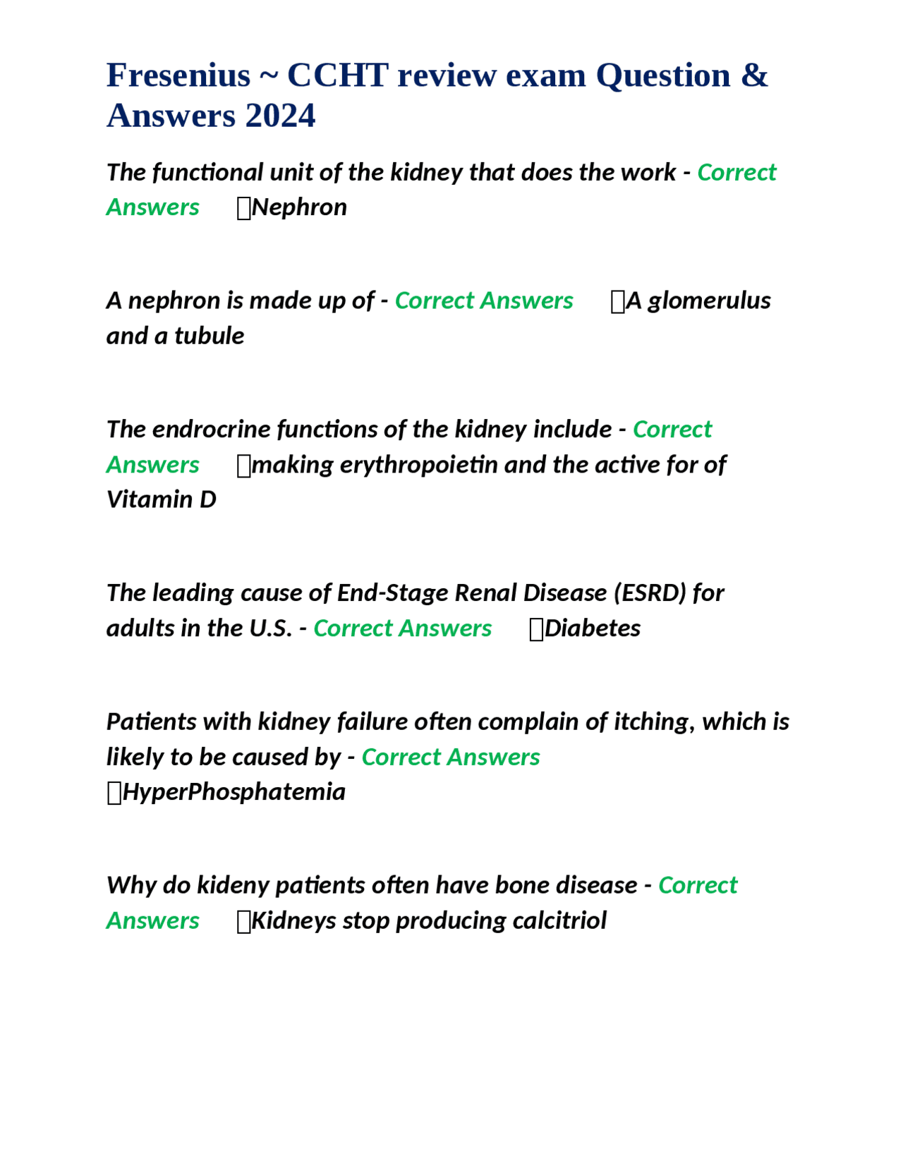 Fresenius ~ CCHT review exam Question & Answers 2024 | Exams Nursing ...