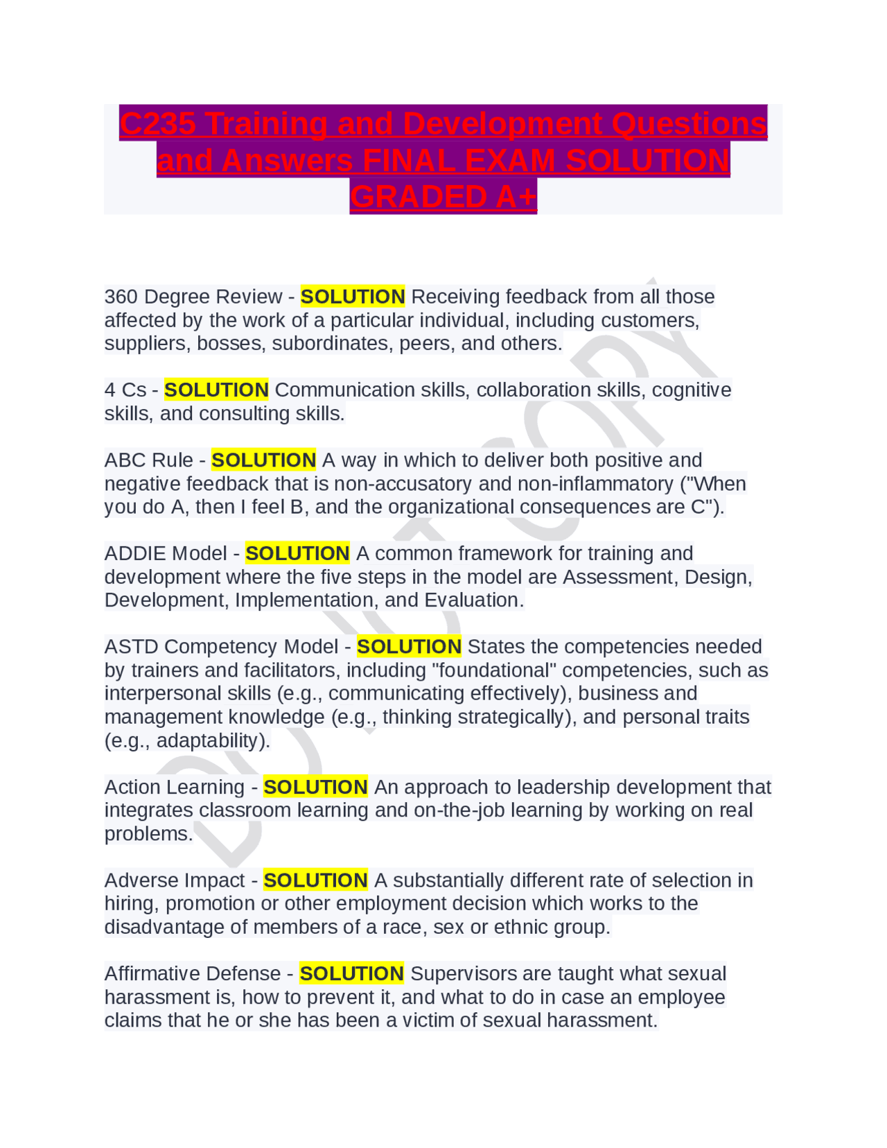 C235 Training and Development Questions and Answers FINAL EXAM SOLUTION ...