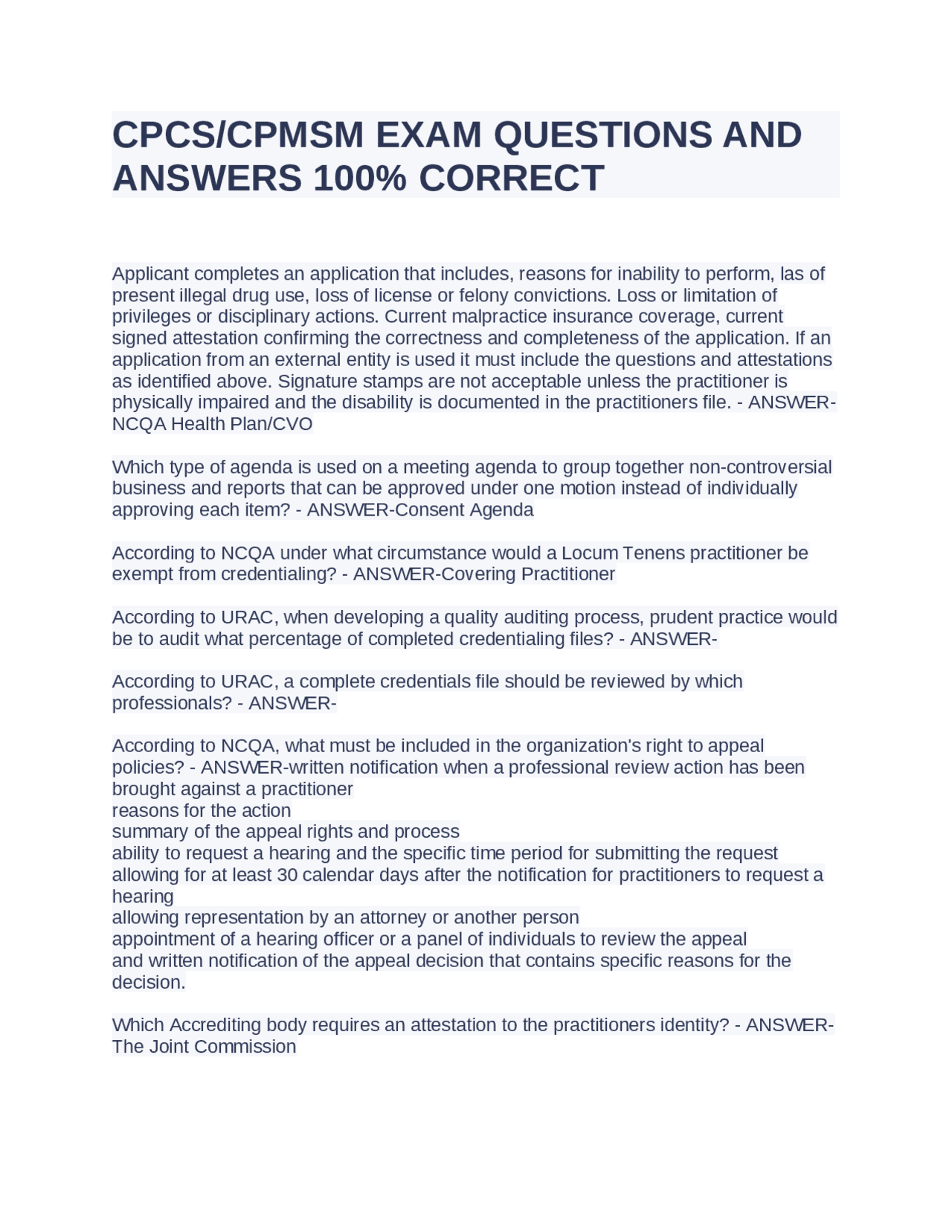 CPCS/CPMSM EXAM QUESTIONS AND ANSWERS 100% CORRECT | Exams Medicine ...