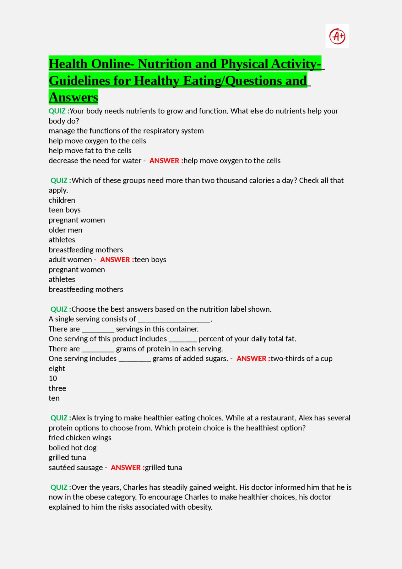 Health Online- Nutrition and Physical Activity- Guidelines for Healthy ...