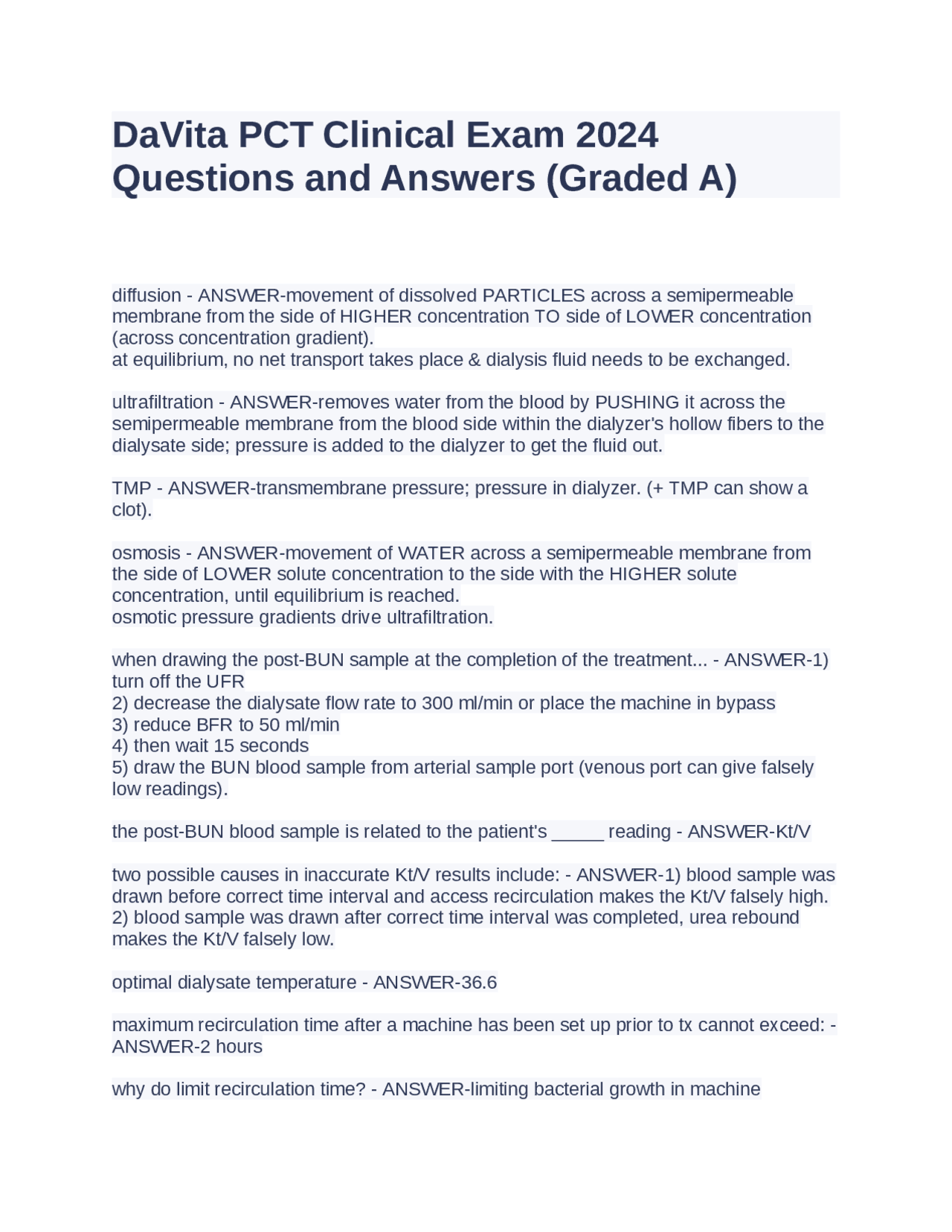 DaVita PCT Clinical Exam 2024 Questions and Answers (Graded A) | Exams ...