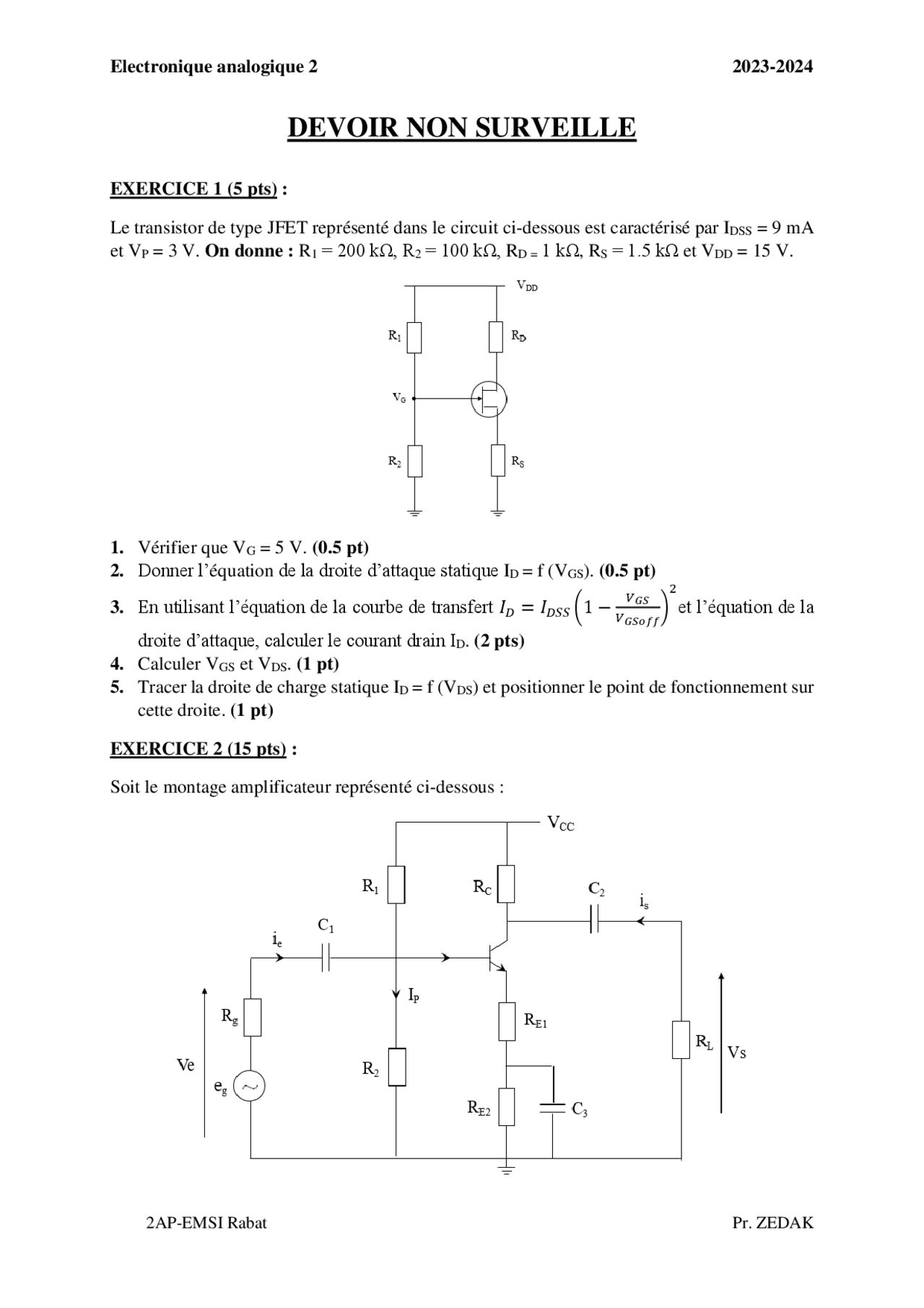 Devoir non surveille | Quizzes Analog Electronics | Docsity