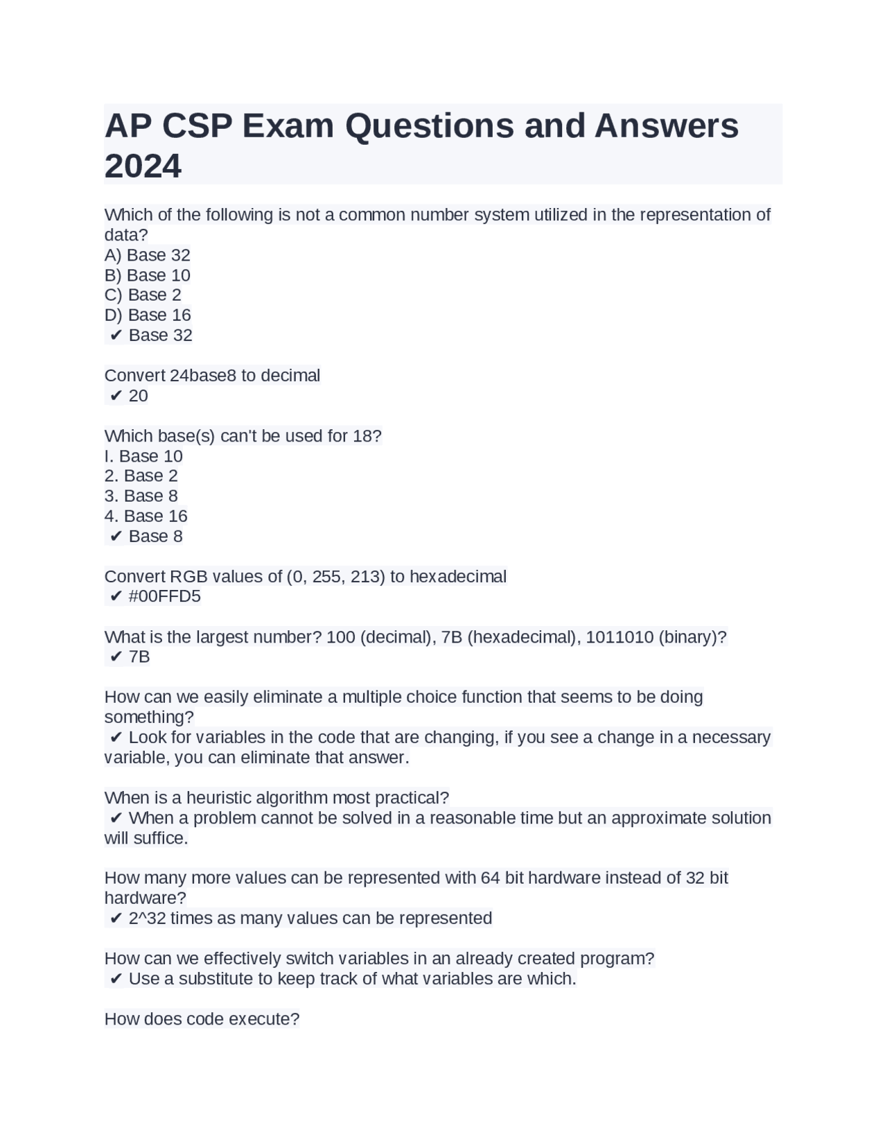 Ap Csp Exam Questions And Answers 2024 Exams Computer Science Docsity