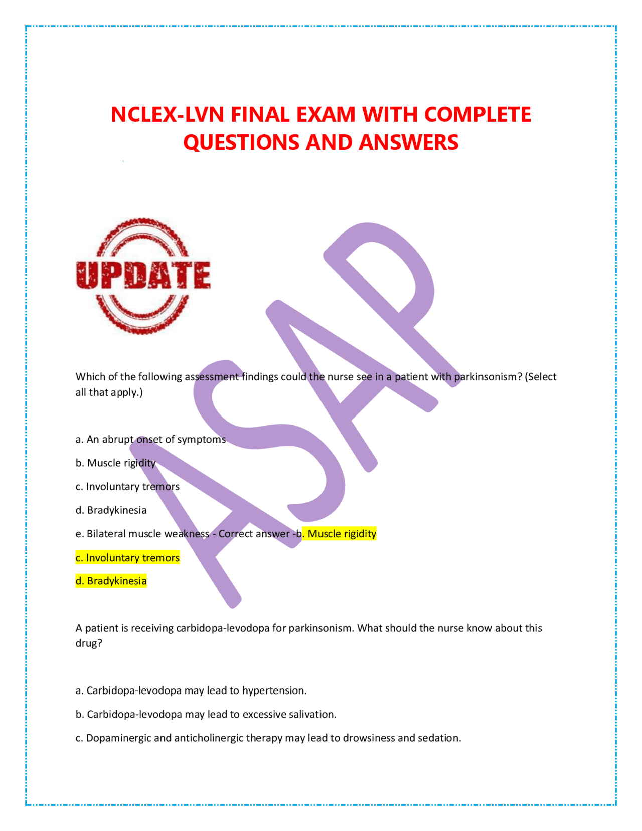 NCLEX-LVN FINAL EXAM WITH COMPLETE QUESTIONS AND ANSWERS | Exams ...