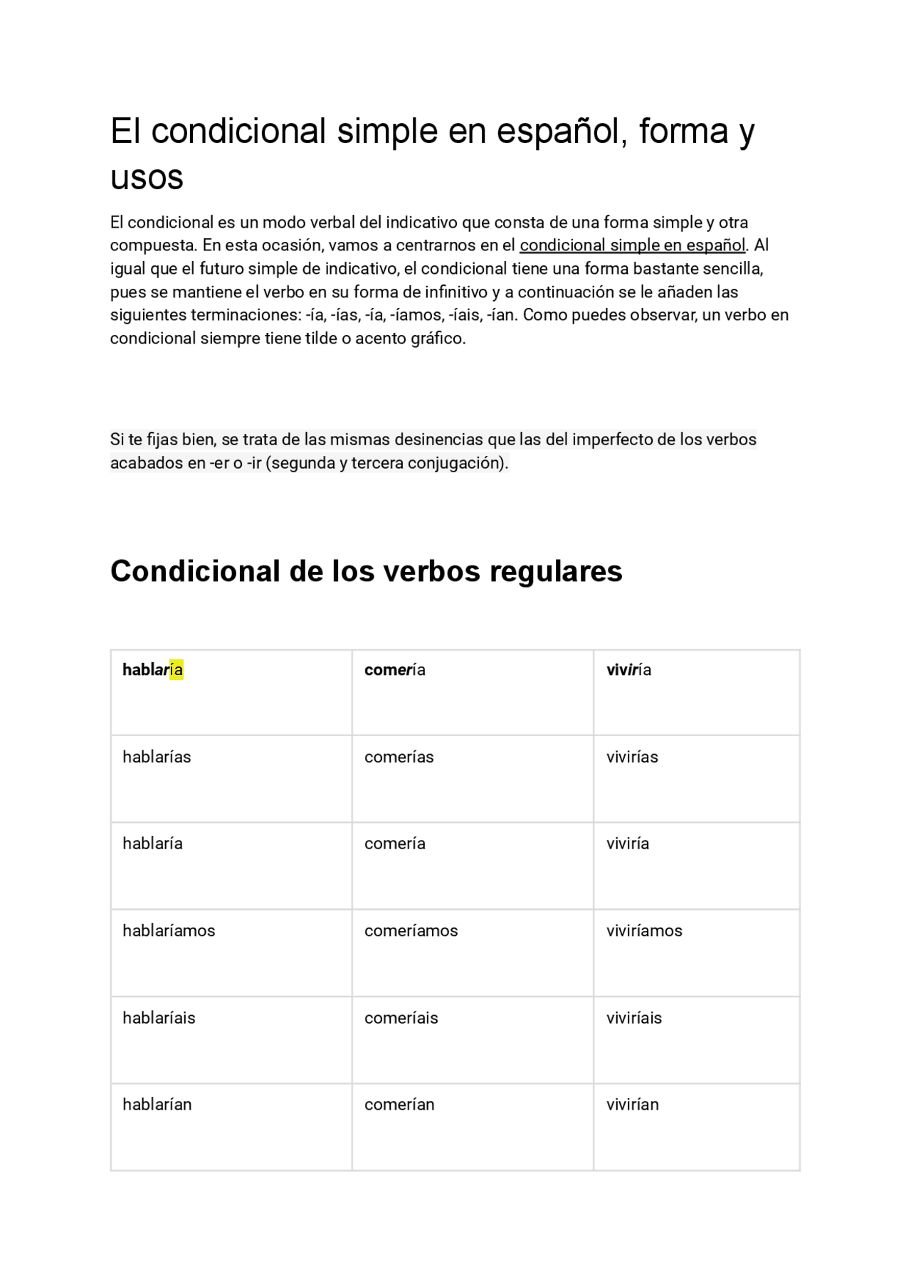 El condicional simple en español: forma y usos | Schemi e mappe ...