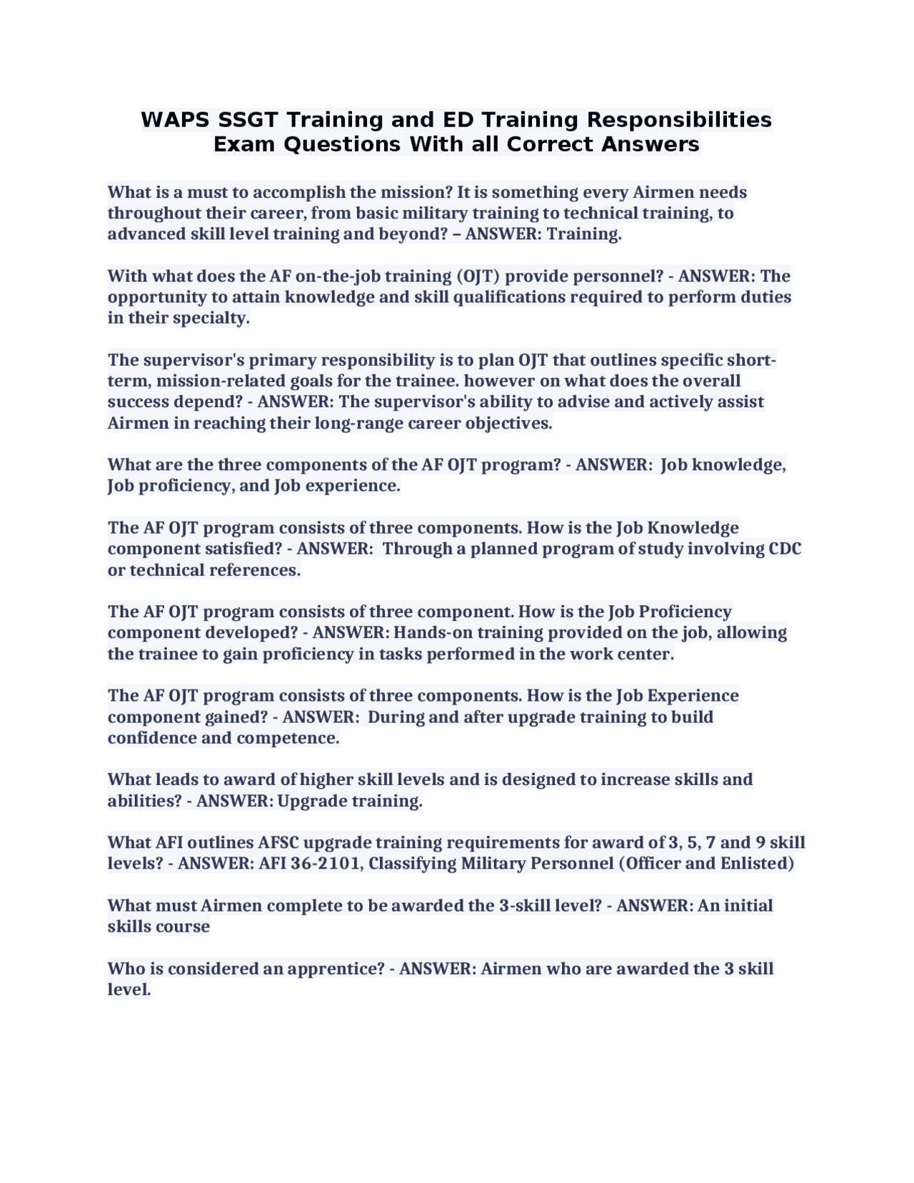 WAPS SSGT Training and ED Training Responsibilities Exam Questions With ...