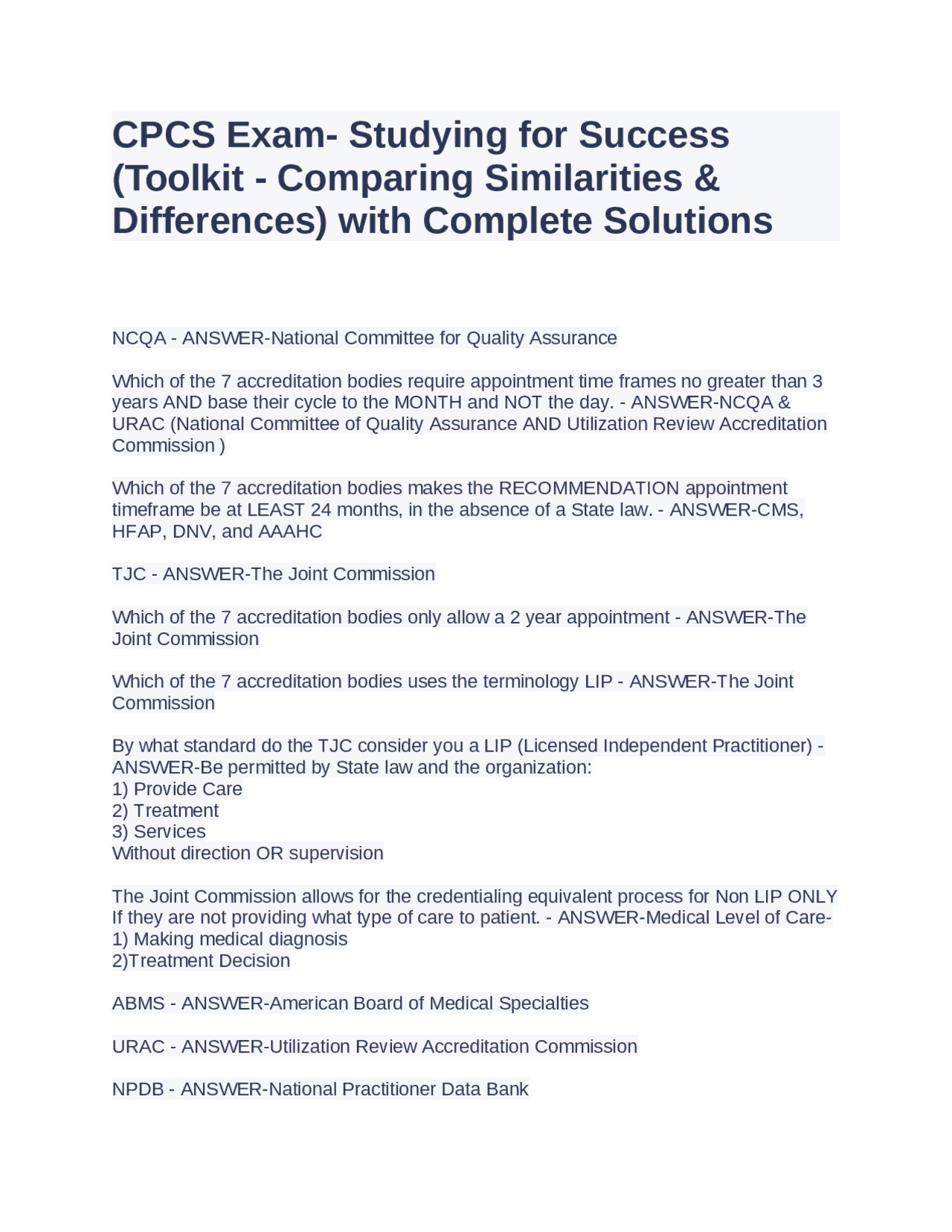 CPCS Exam- Studying for Success (Toolkit - Comparing Similarities ...