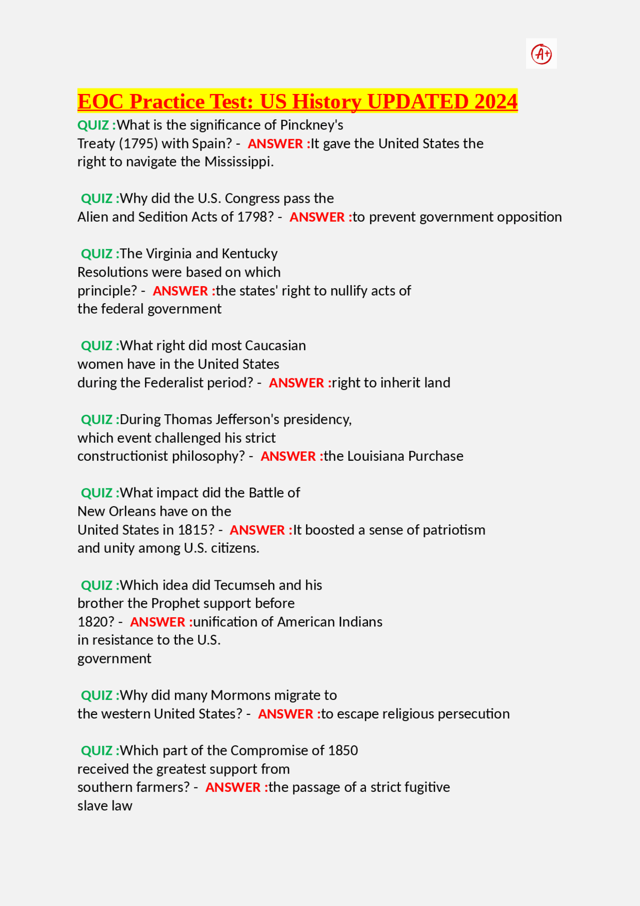 US History Quiz Answers and Explanations | Exams History | Docsity