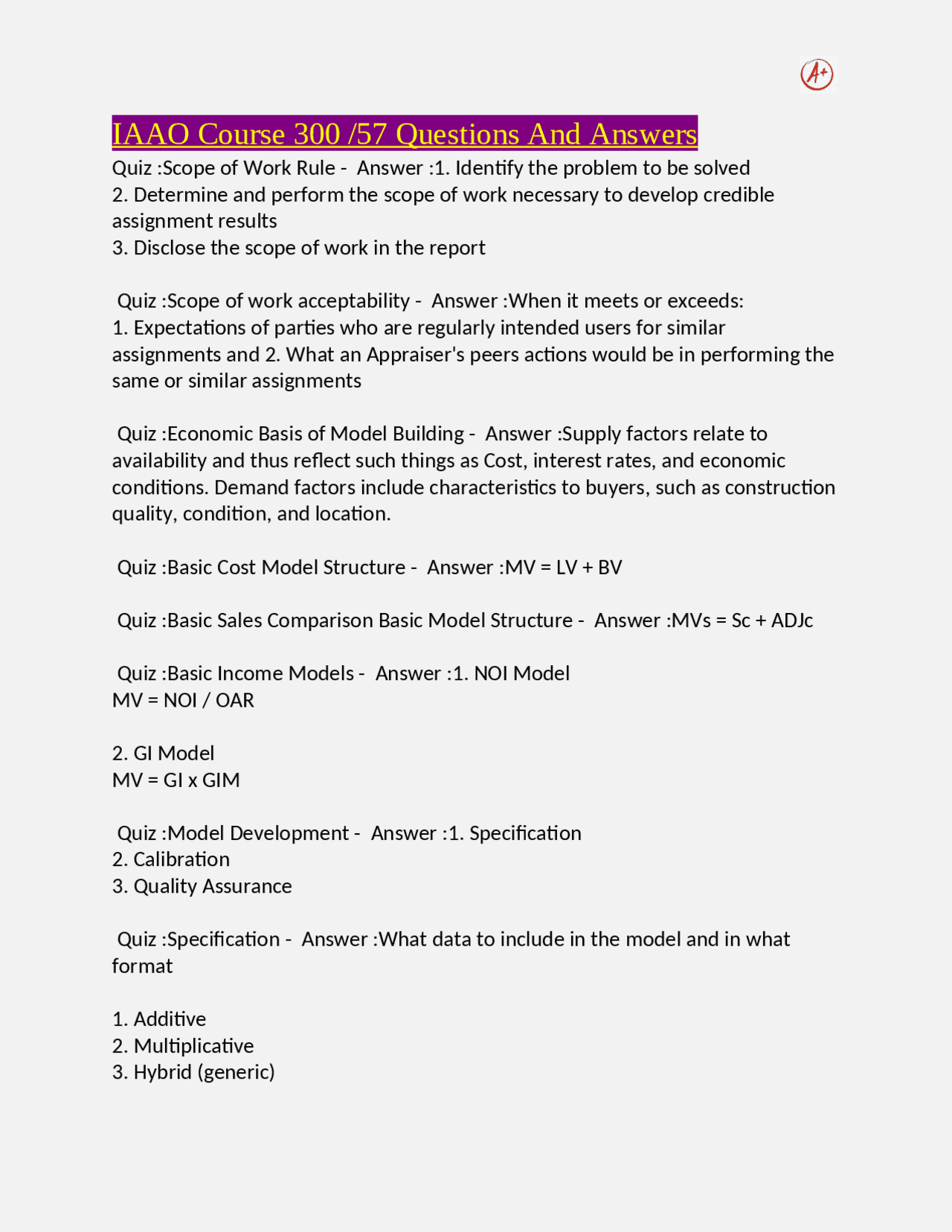 IAAO Course 300 /57 Questions And Answers | Exams Business Economics | Docsity