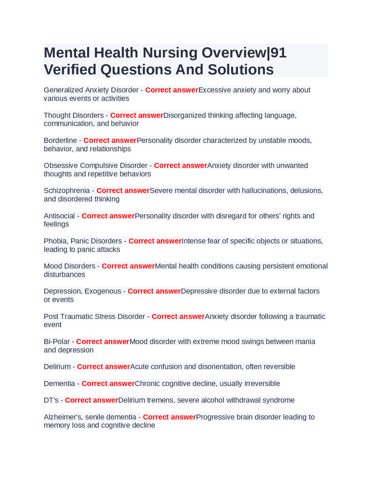 Mental Health Nursing Overview|91 Verified Questions And Solutions ...