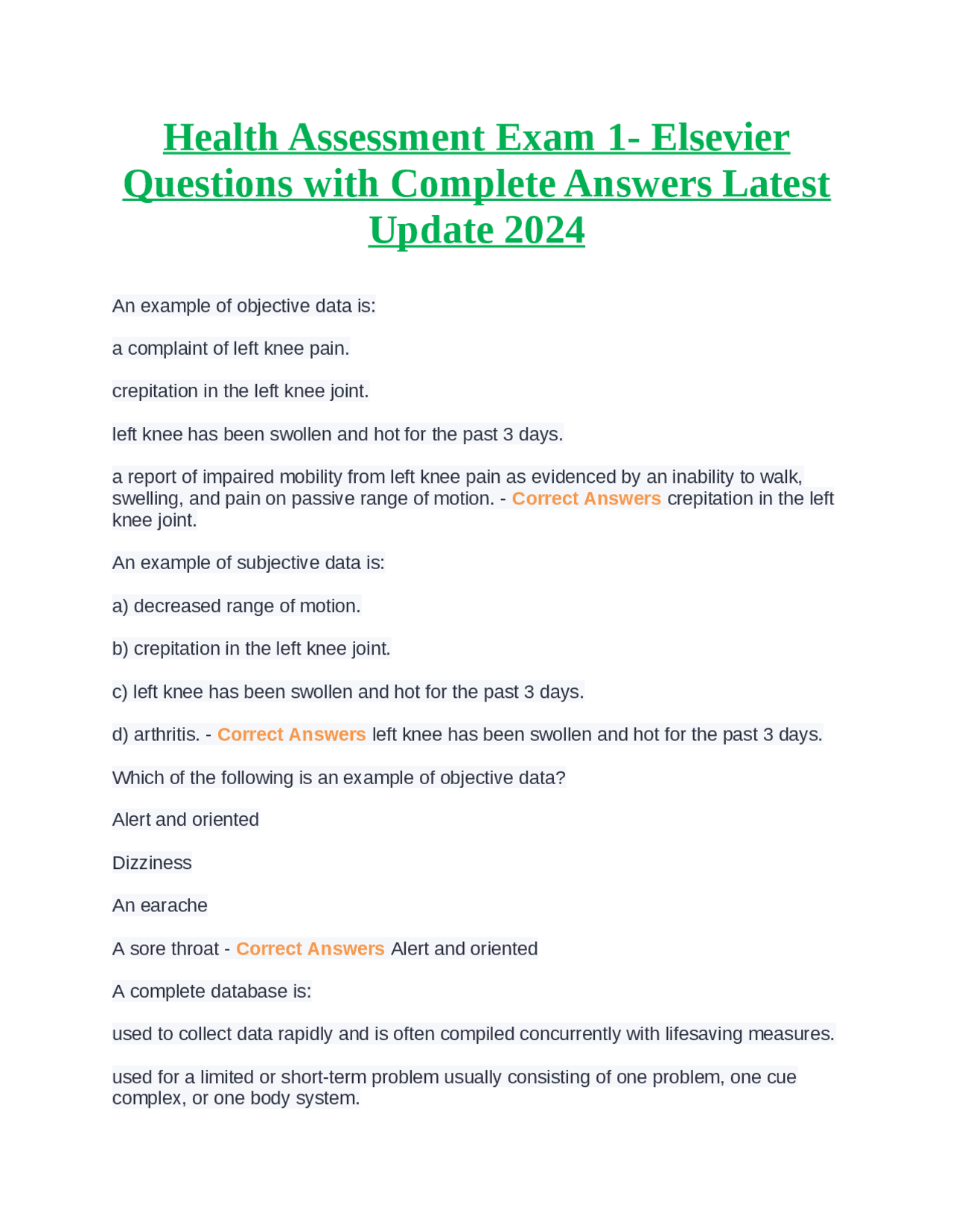 Health Assessment Exam 1- Elsevier Questions with Complete Answers ...