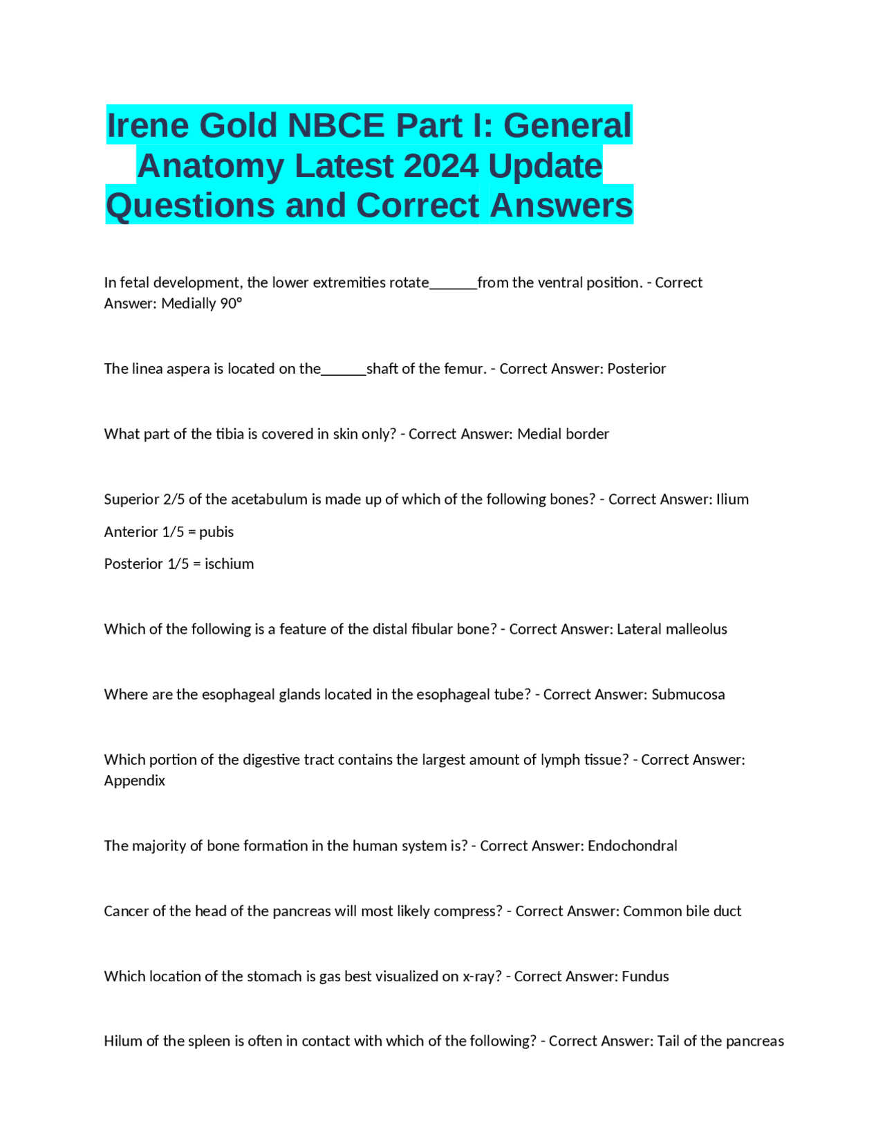 Irene Gold NBCE Part I: General Anatomy Latest 2024 Update Questions ...