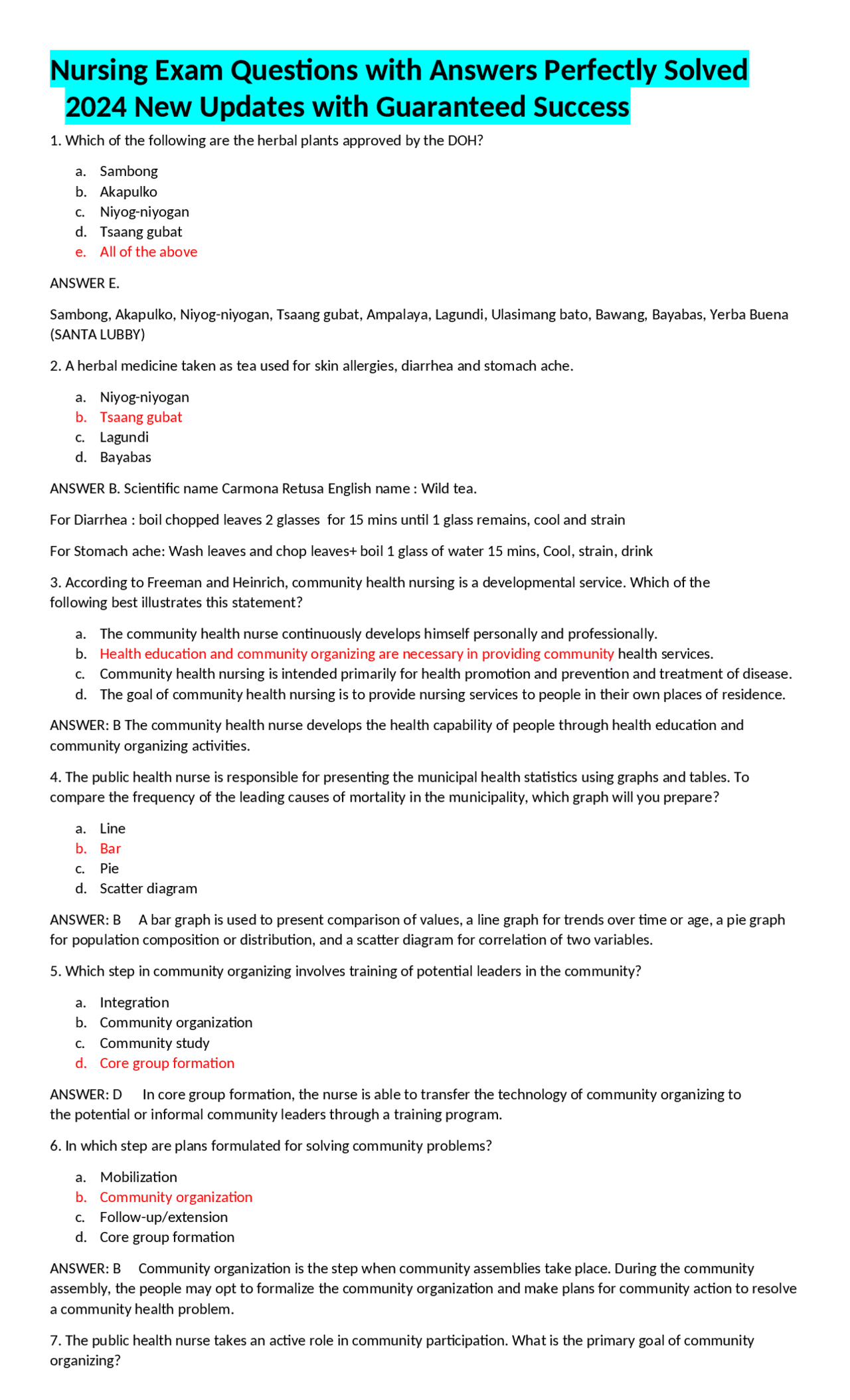 Nursing Exam Questions with Answers Perfectly Solved 2024 New Updates ...