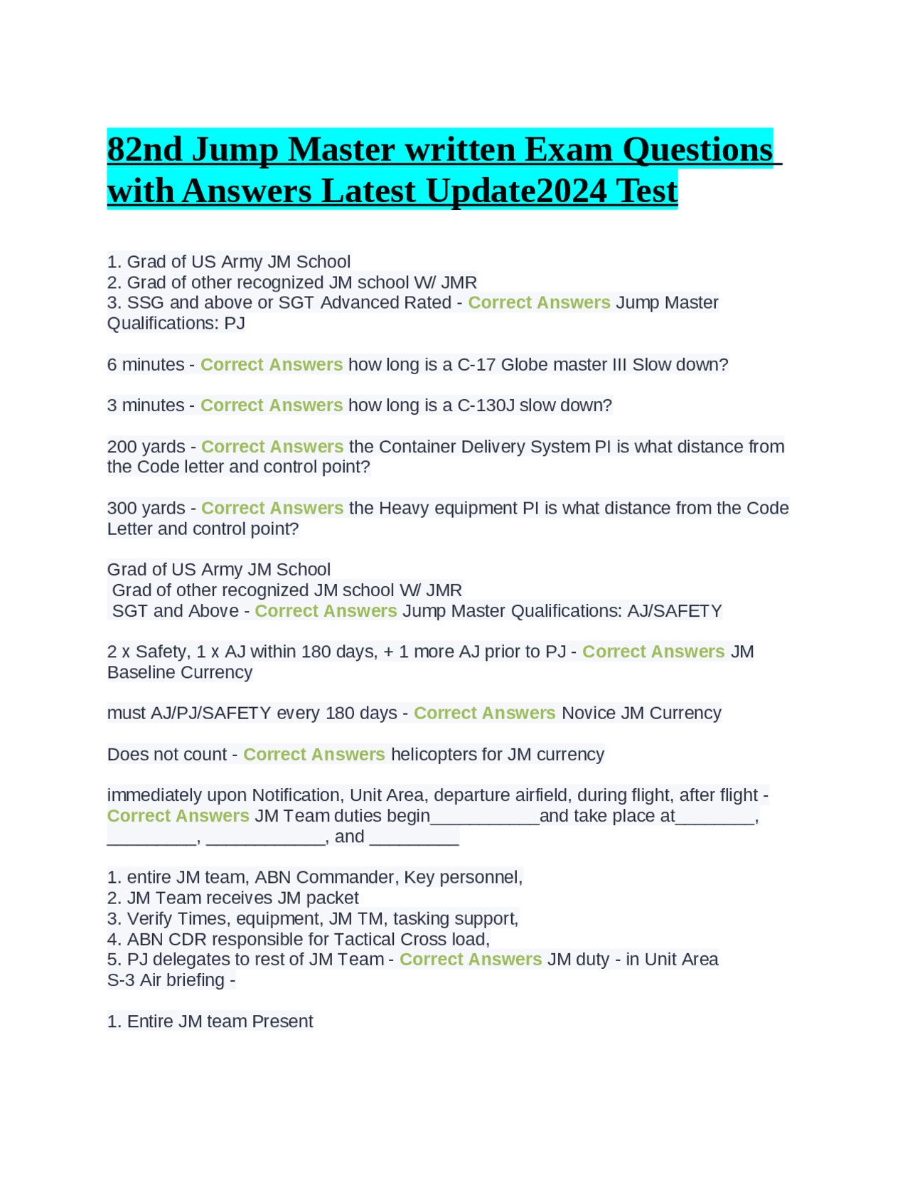 82nd Jump Master written Exam Questions with Answers Latest Update2024 ...