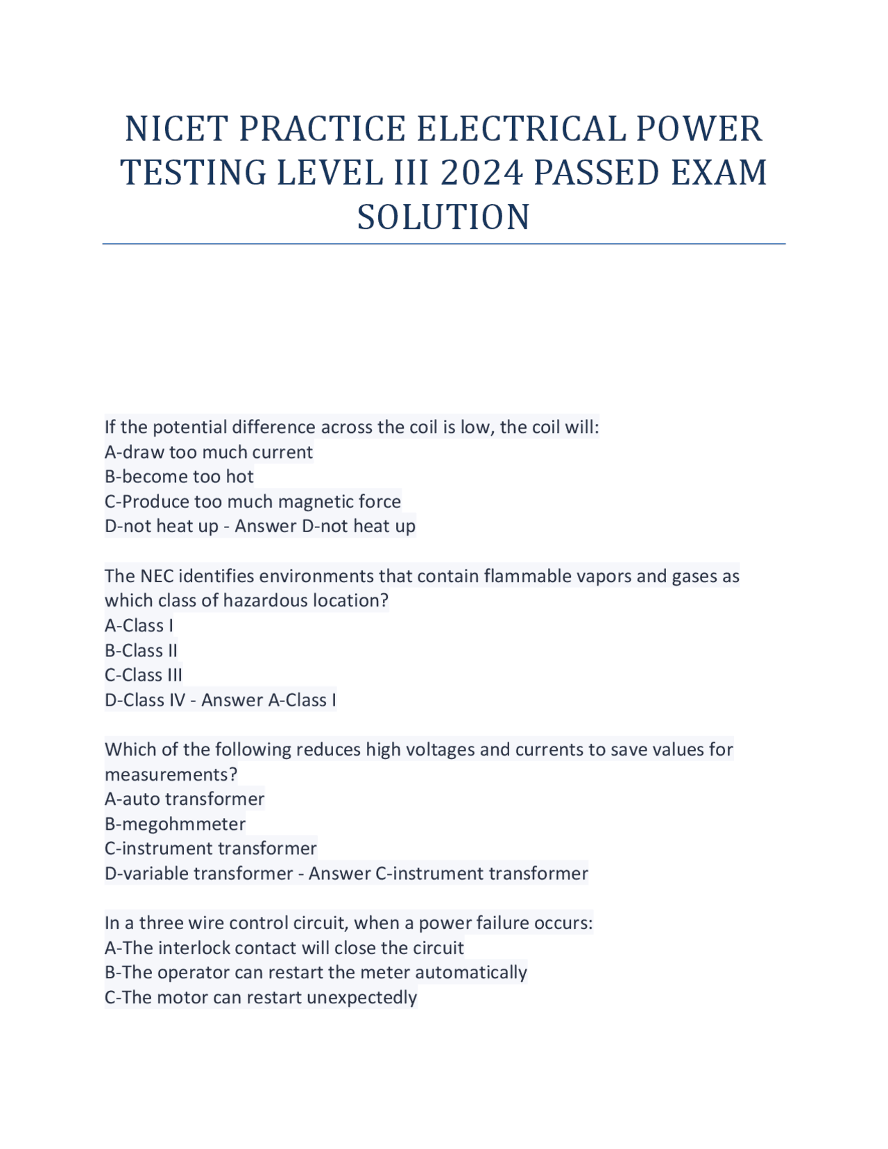 NICET PRACTICE ELECTRICAL POWER TESTING LEVEL III 2024 PASSED EXAM ...