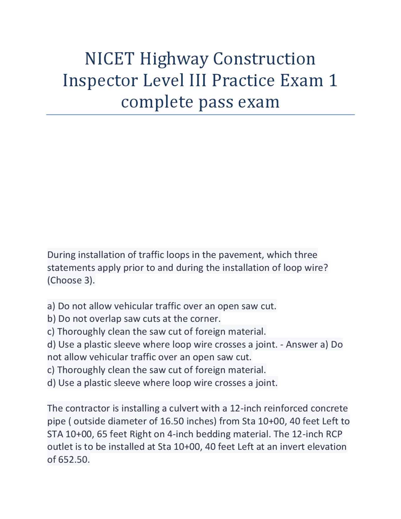 NICET Highway Construction Inspector Level III Practice Exam 1 (56 ...