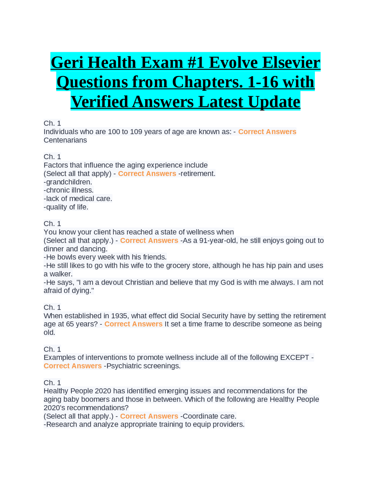 Geri Health Exam #1 Evolve Elsevier Questions from Chapters. 1-16 with ...