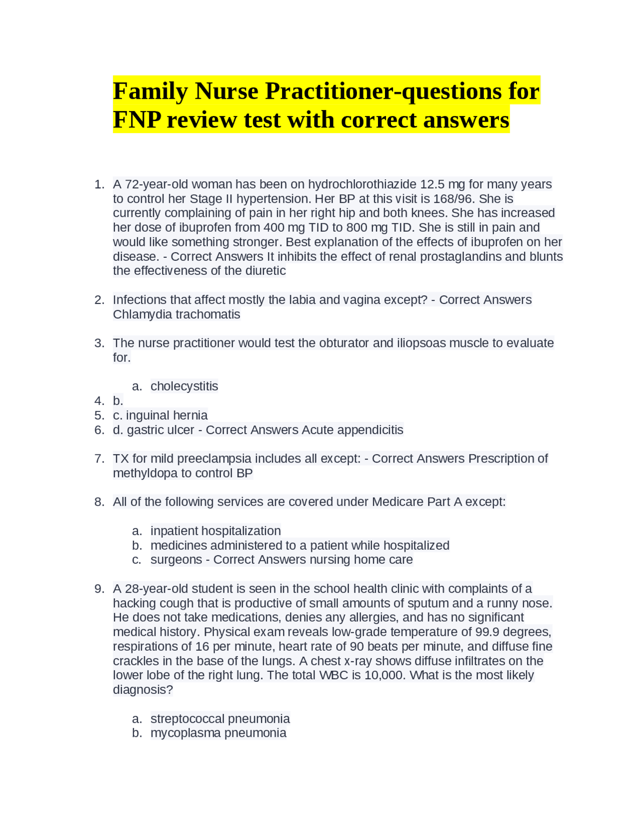 Family Nurse Practitioner-questions for FNP review test with correct ...
