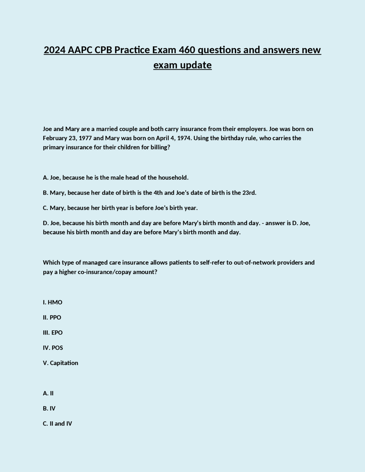 2024 AAPC CPB Practice Exam 460 questions and answers new exam update ...