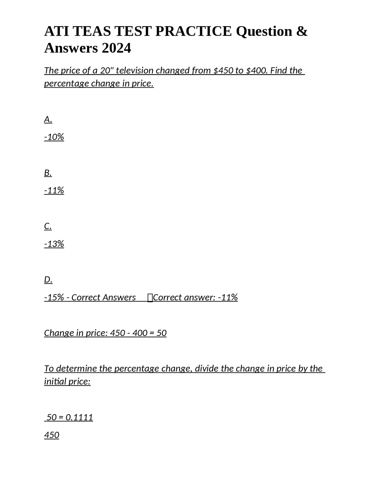 ATI TEAS TEST PRACTICE Question & Answers 2024 | Exams Nursing | Docsity