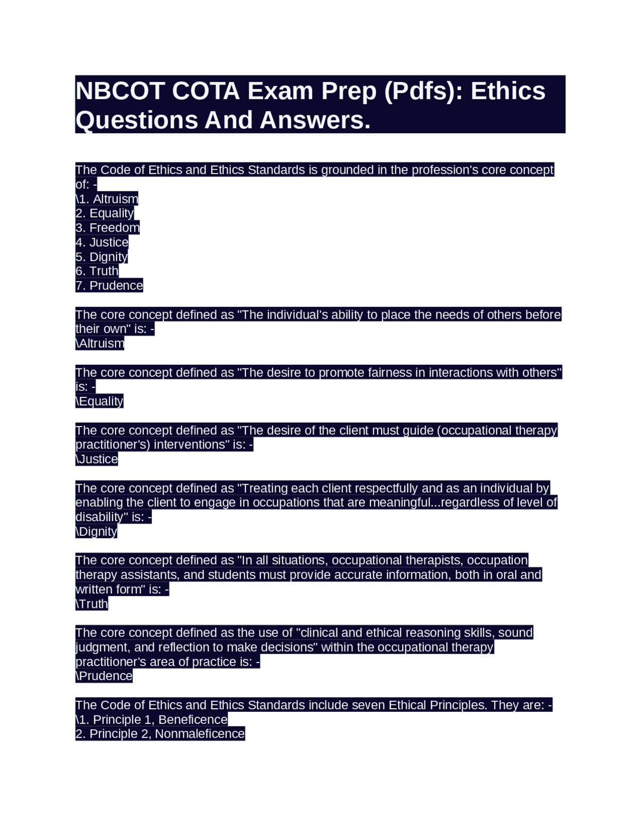 NBCOT COTA Exam Prep (Pdfs): Ethics Questions And Answers. | Exams ...