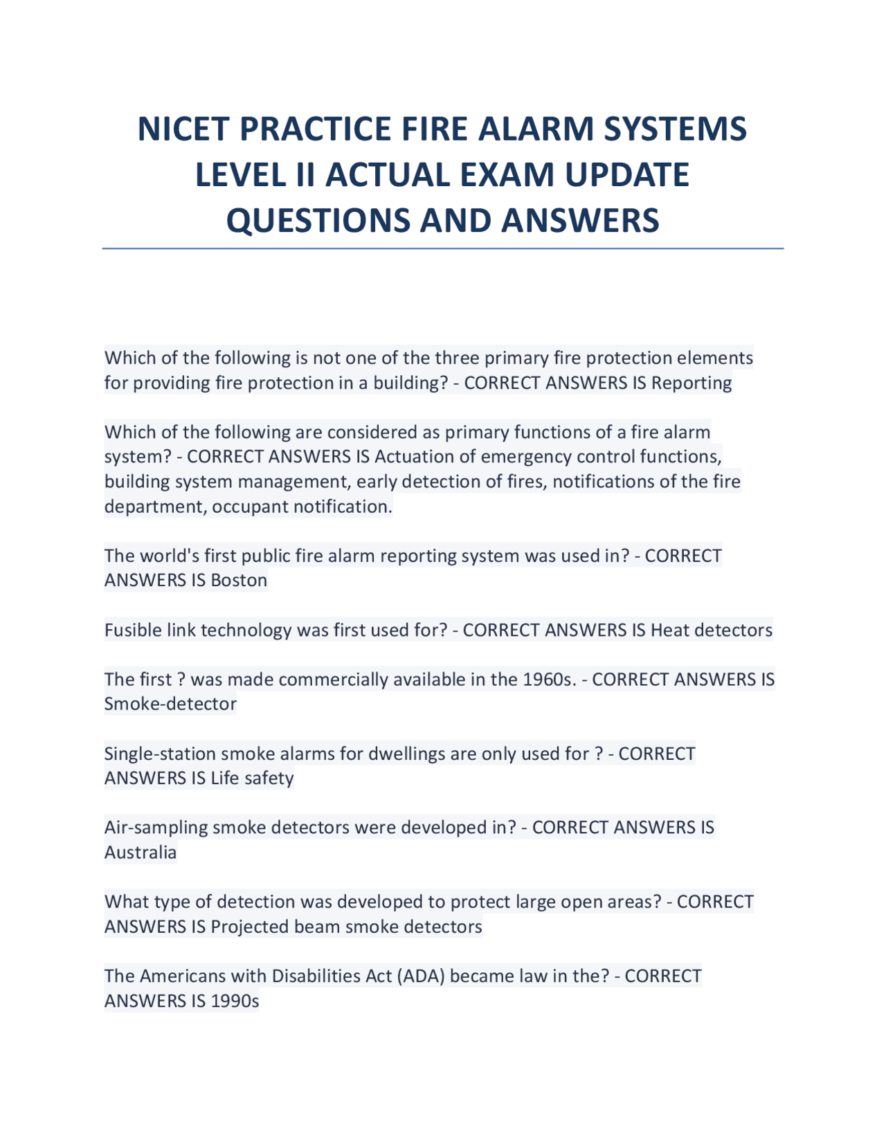 NICET PRACTICE FIRE ALARM SYSTEMS LEVEL II ACTUAL EXAM UPDATE QUESTIONS ...