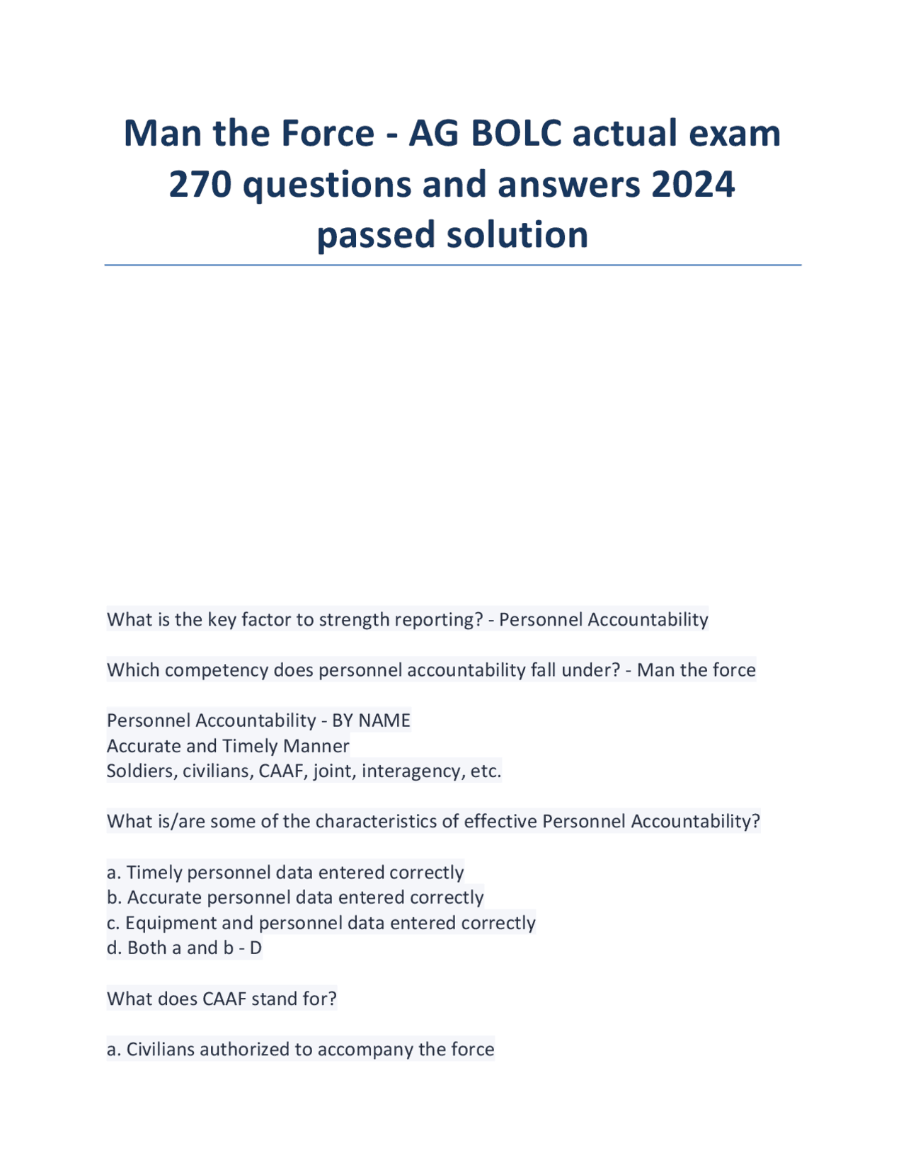 Man the Force - AG BOLC actual exam 270 questions and answers 2024 ...