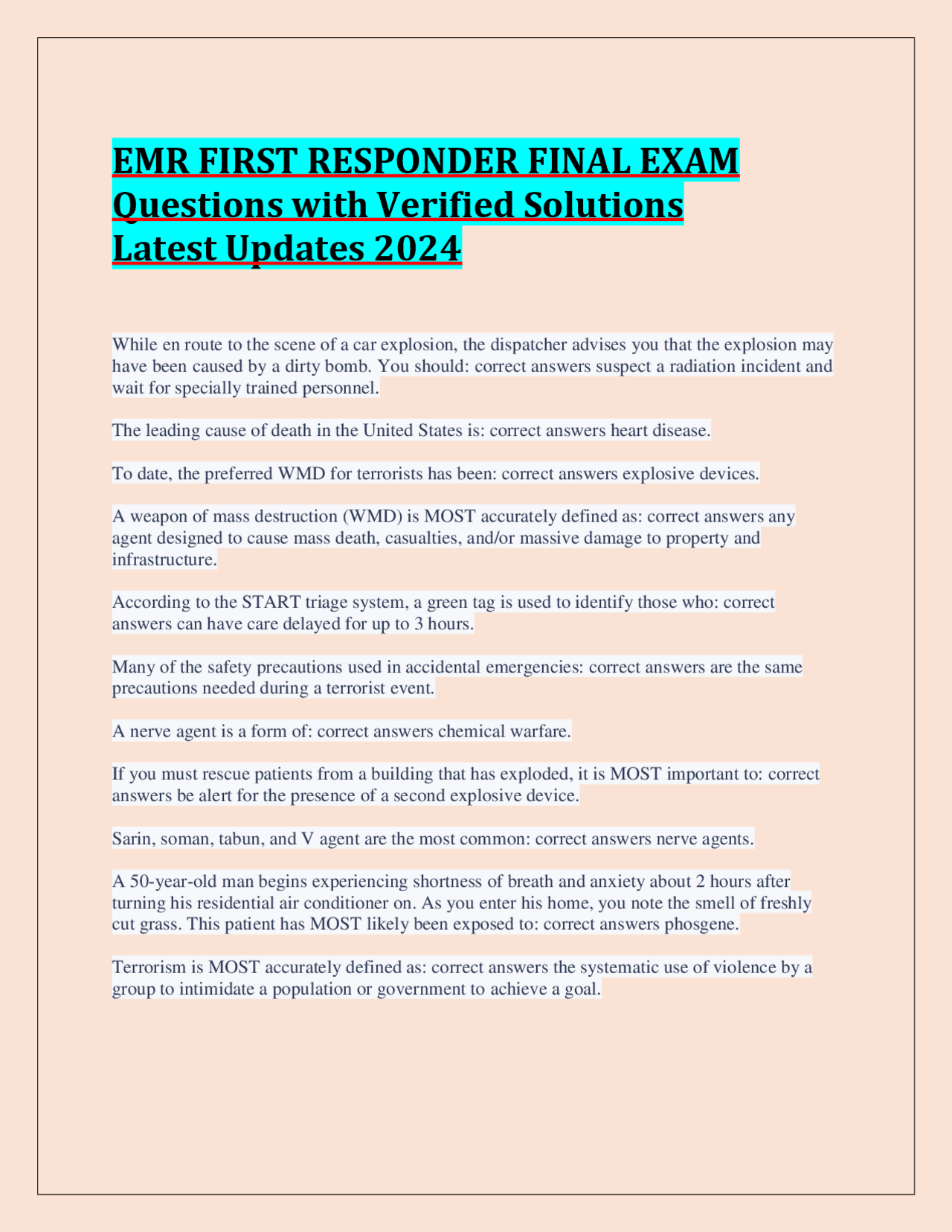 EMR FIRST RESPONDER FINAL EXAM Questions with Verified Solutions Latest ...