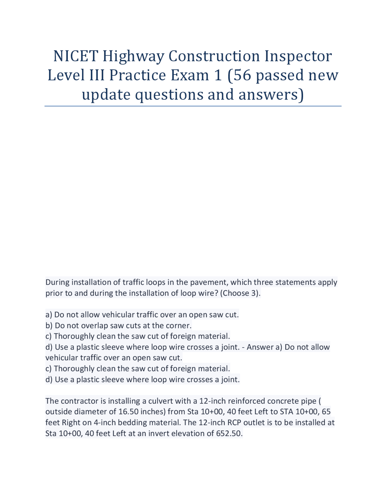 NICET Highway Construction Inspector Level III Practice Exam 1 complete ...