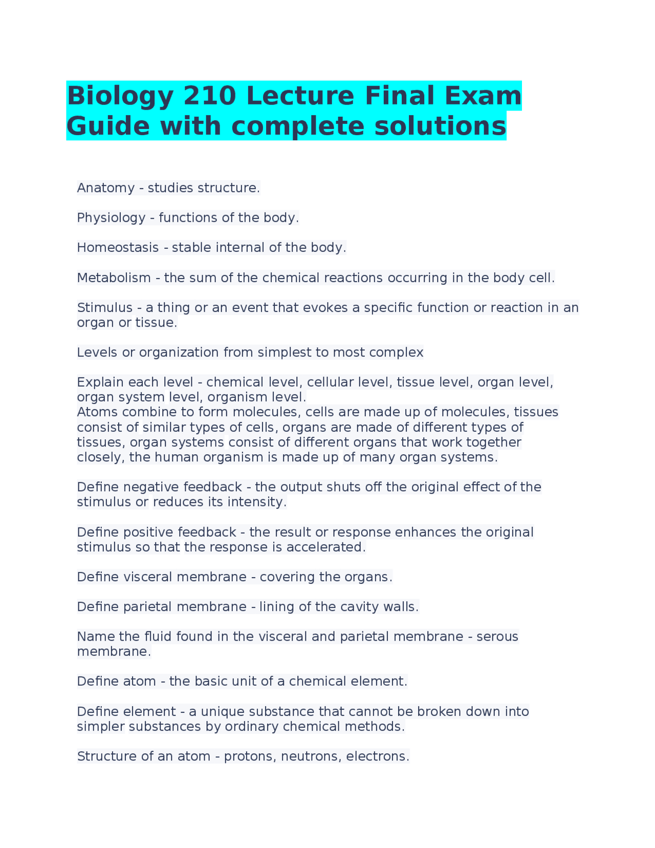 Biology 210 Lecture Final Exam Guide with complete solutions | Exams ...