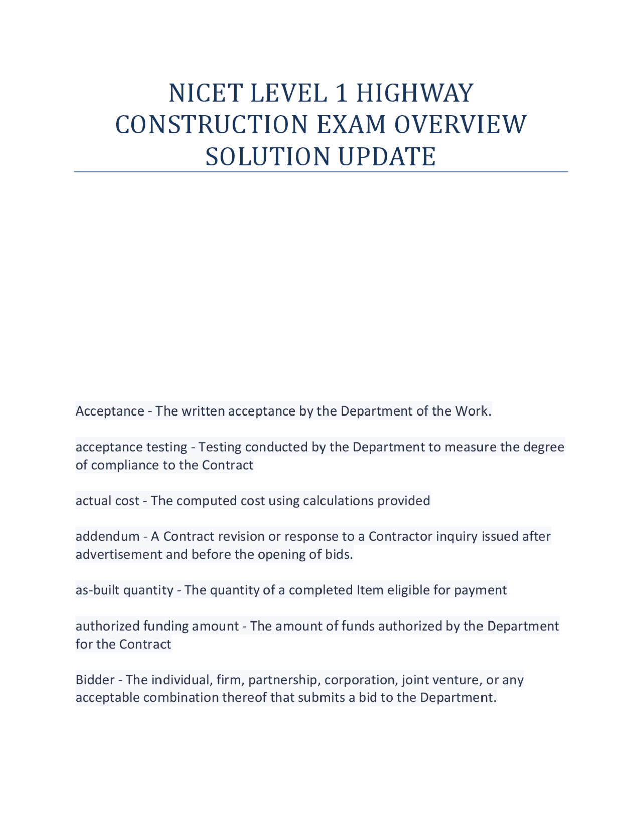 NICET LEVEL 1 HIGHWAY CONSTRUCTION EXAM OVERVIEW SOLUTION UPDATE ...