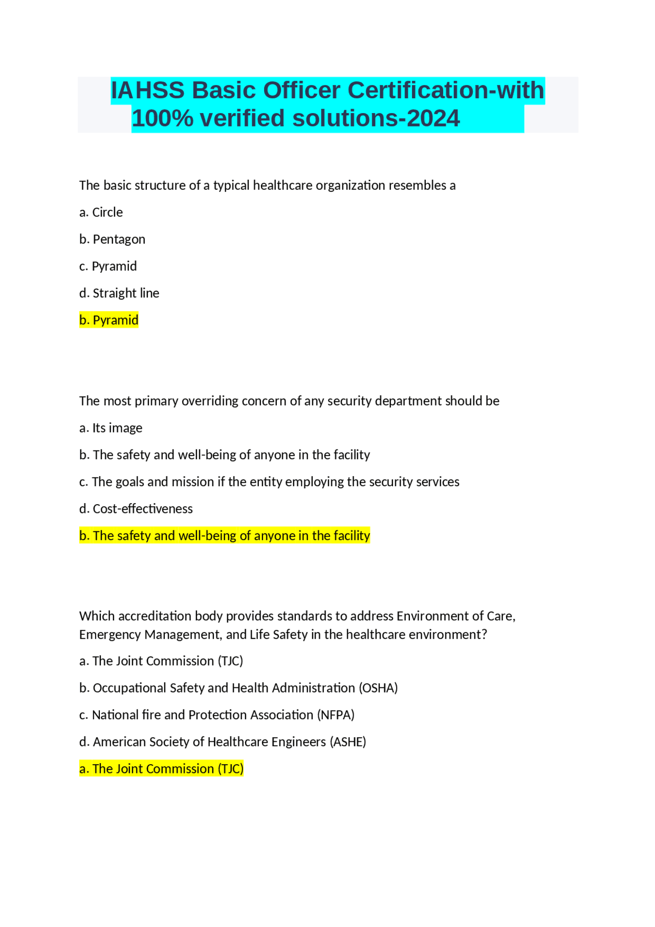 IAHSS Basic Officer Certification-with 100 verified solutions-2024.docx ...