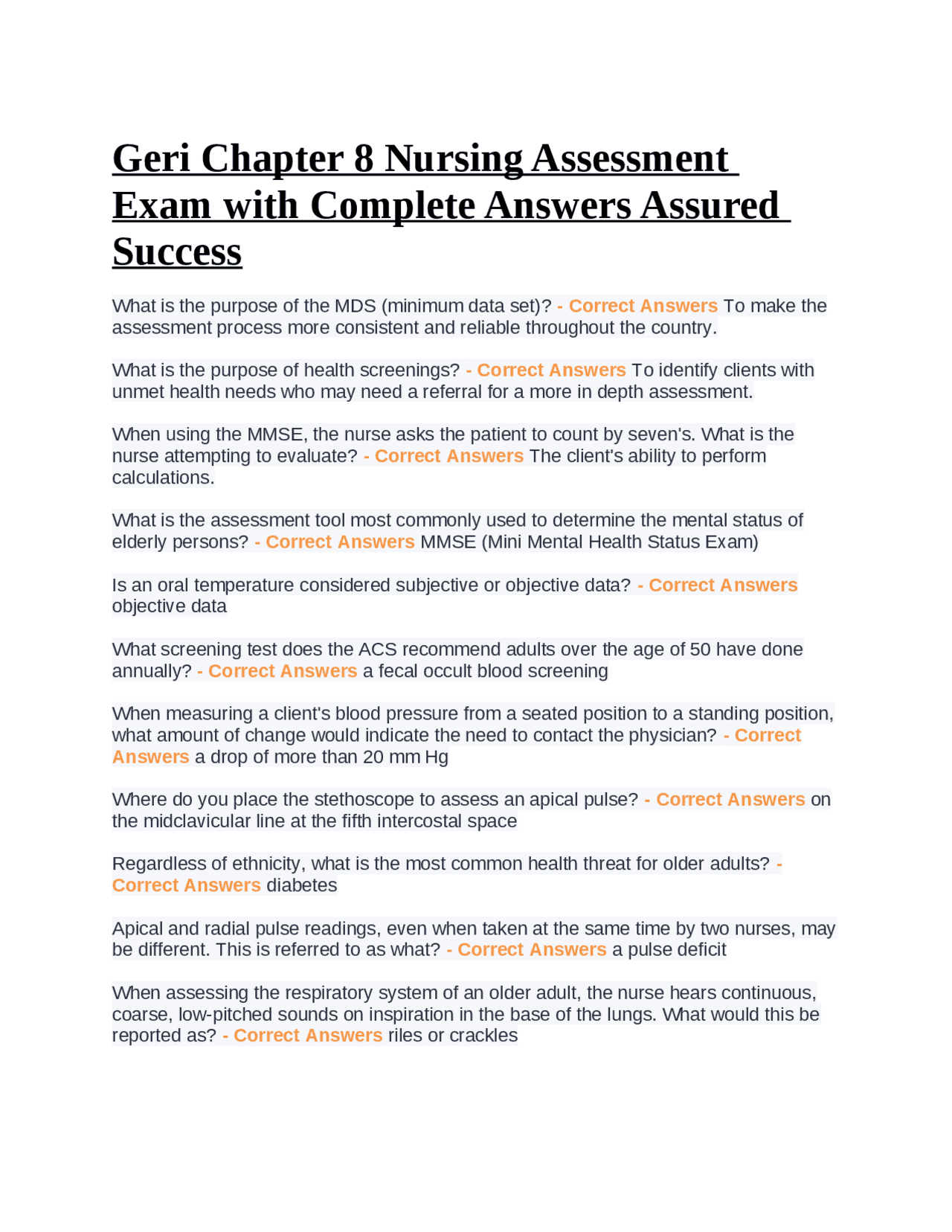 Geri Chapter 8 Nursing Assessment Exam with Complete Answers Assured Success | Exams Nursing ...