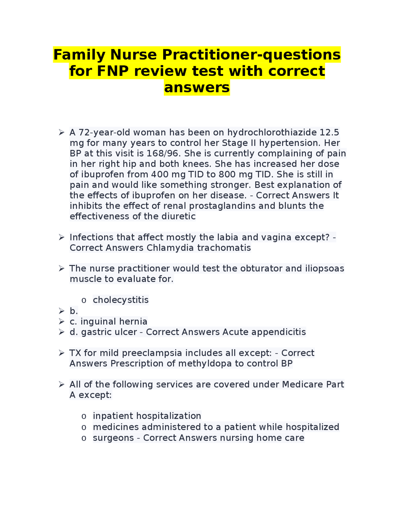 Family Nurse Practitioner-questions for FNP review test with correct ...