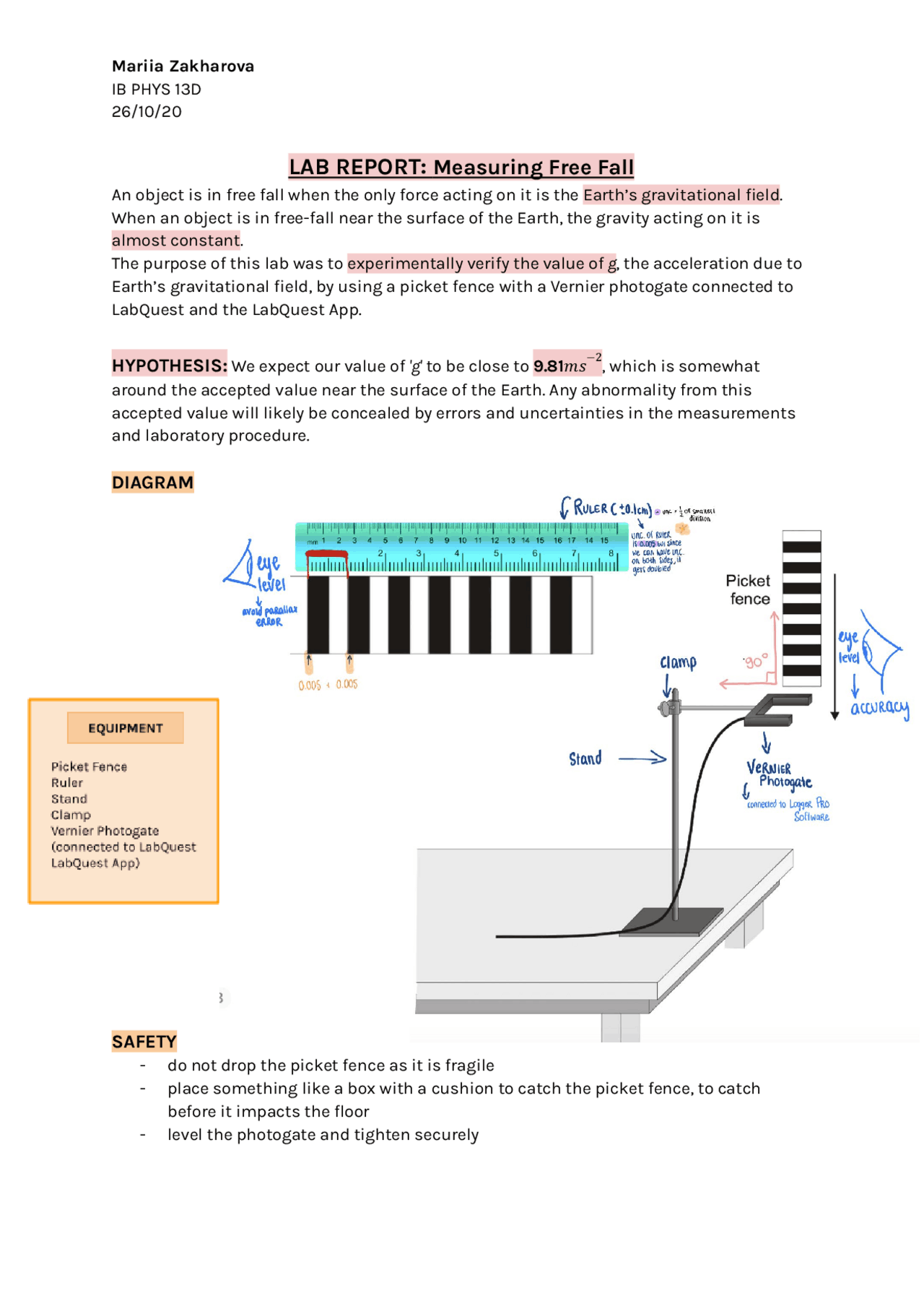 Measuring Free Fall: Experimental Verification of g | Essays (high ...