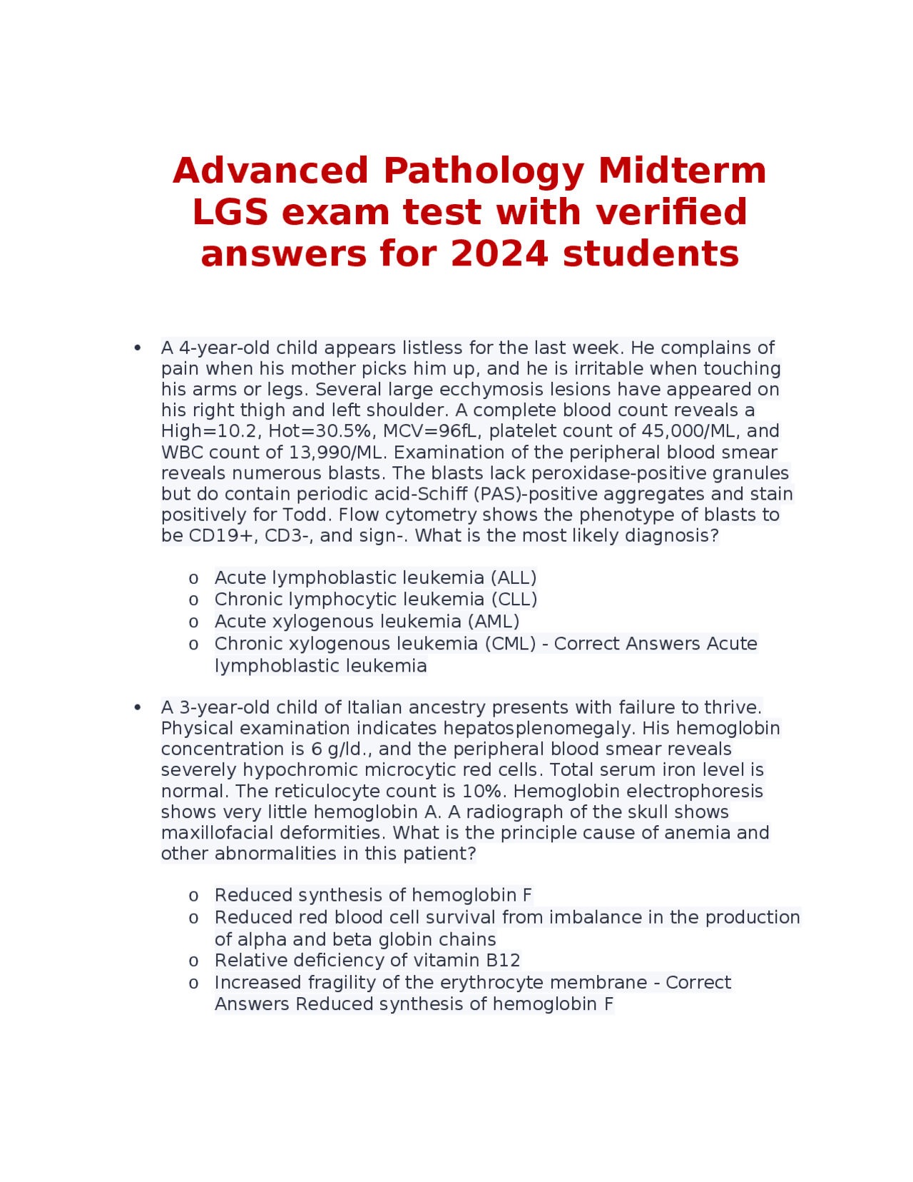 Advanced Pathology Midterm LGS exam test with verified answers for 2024 ...