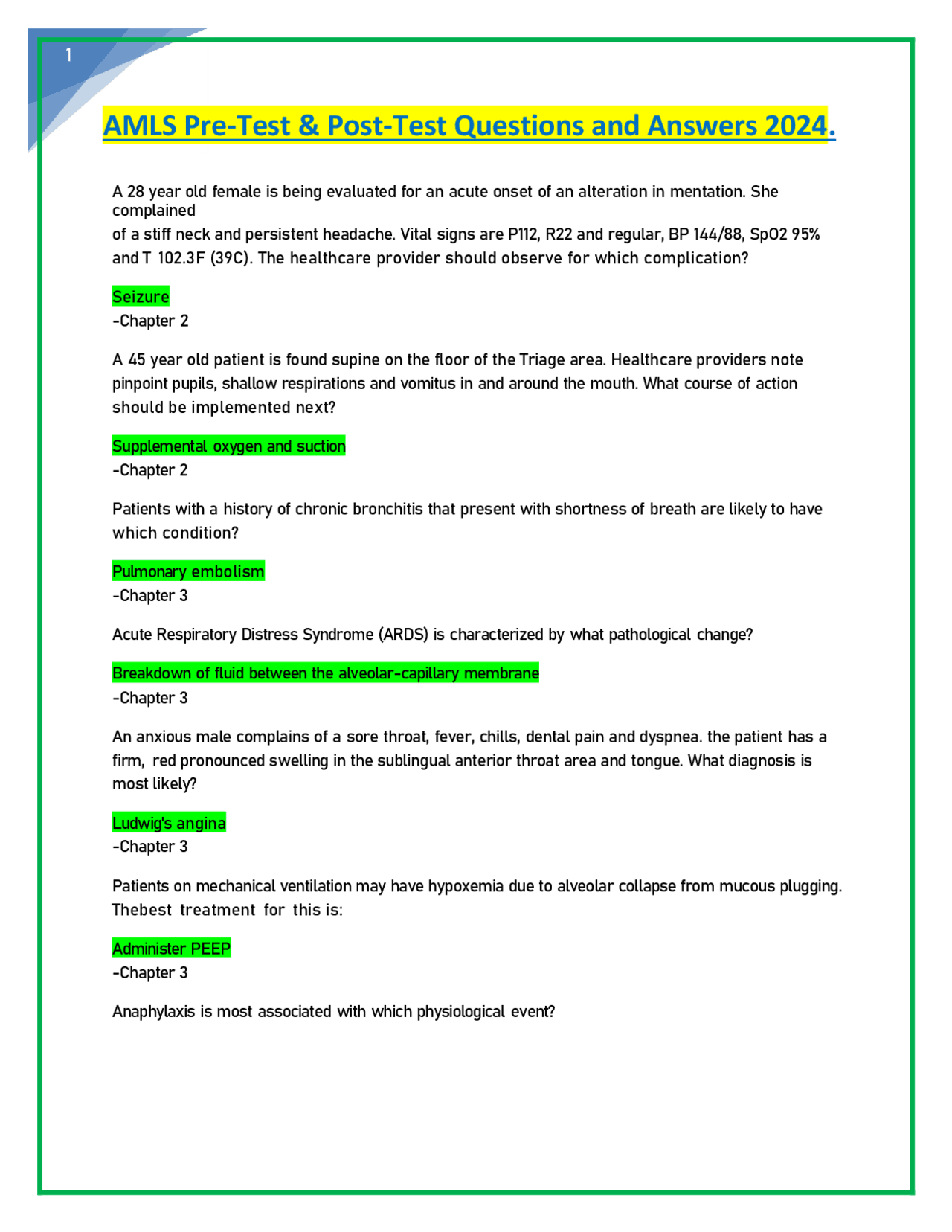 AMLS Pre-Test & Post-Test Questions and Answers 2024. | Exams Nursing ...