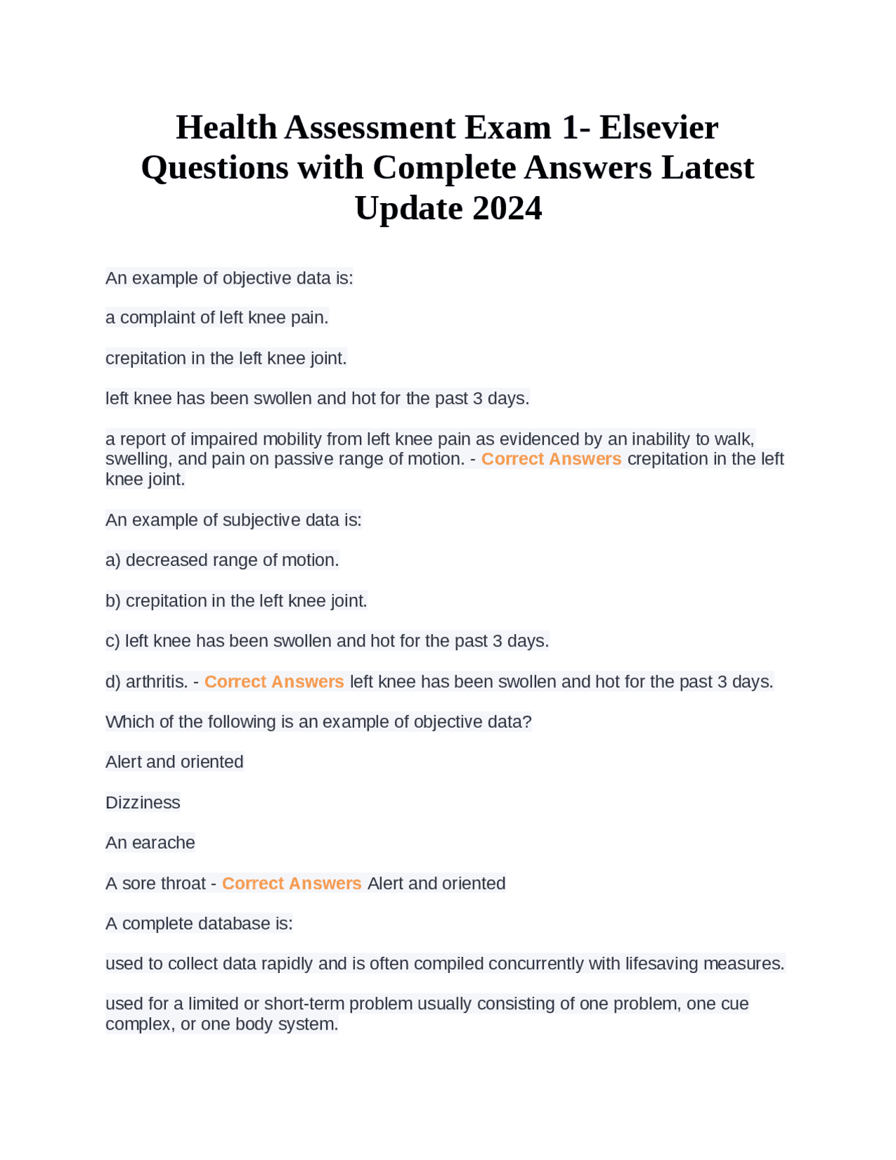 Health Assessment Exam 1- Elsevier Questions with Complete Answers ...