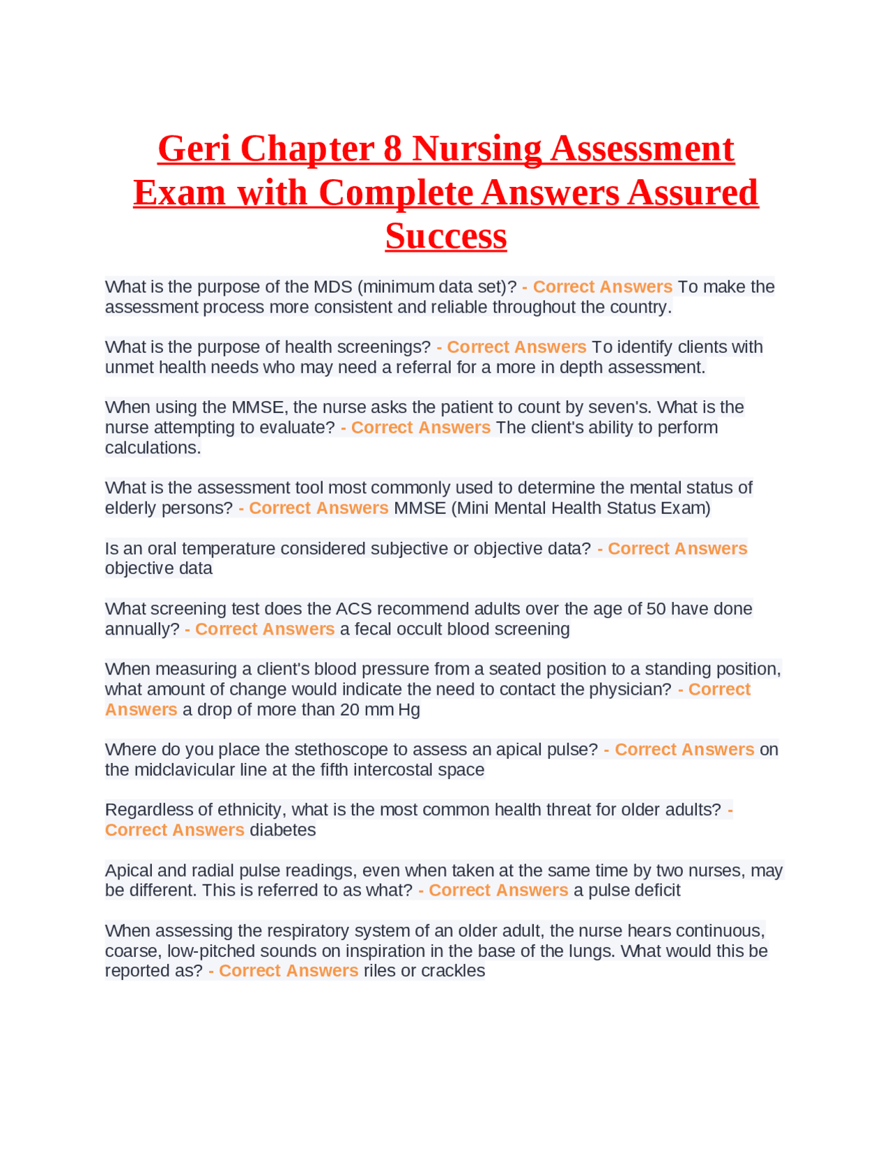 Geri Chapter 8 Nursing Assessment Exam with Complete Answers Assured Success | Exams Nursing ...