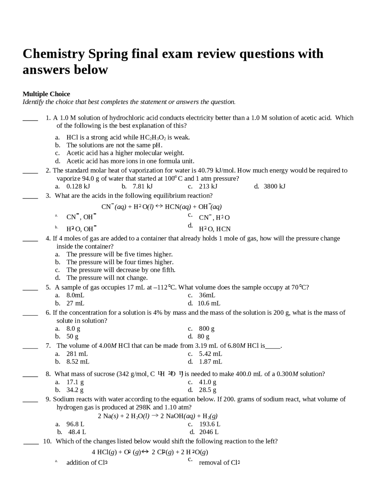 Chemistry Spring Final Exam Review Questions and Answers | Exams ...
