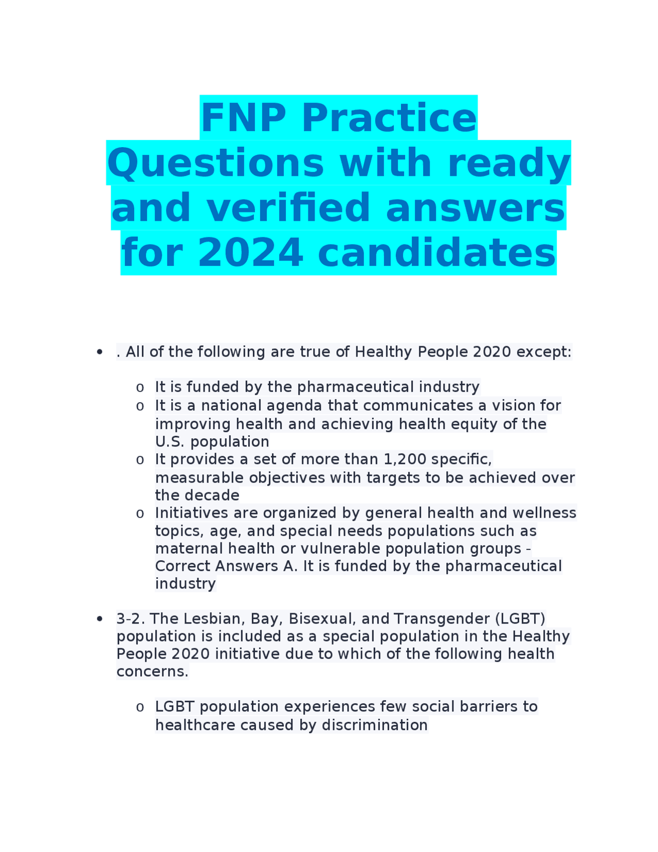 FNP Practice Questions with ready and verified answers for 2024 ...