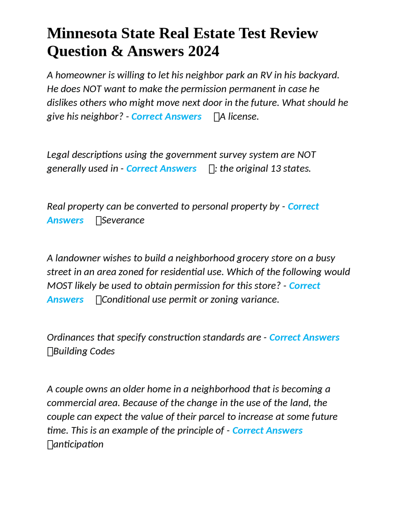Minnesota State Real Estate Test Review Question & Answers 2024 | Exams ...