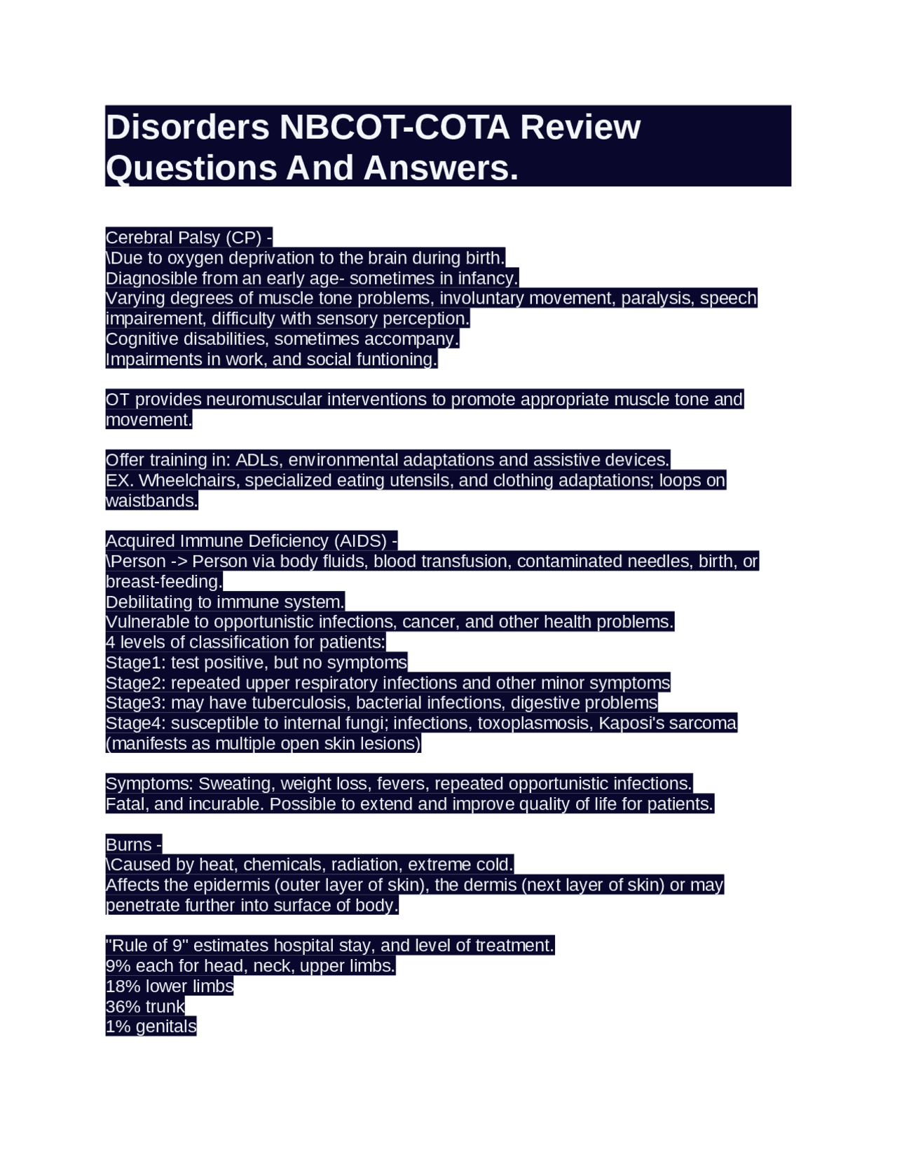 Disorders NBCOT-COTA Review Questions And Answers. | Exams Occupational ...
