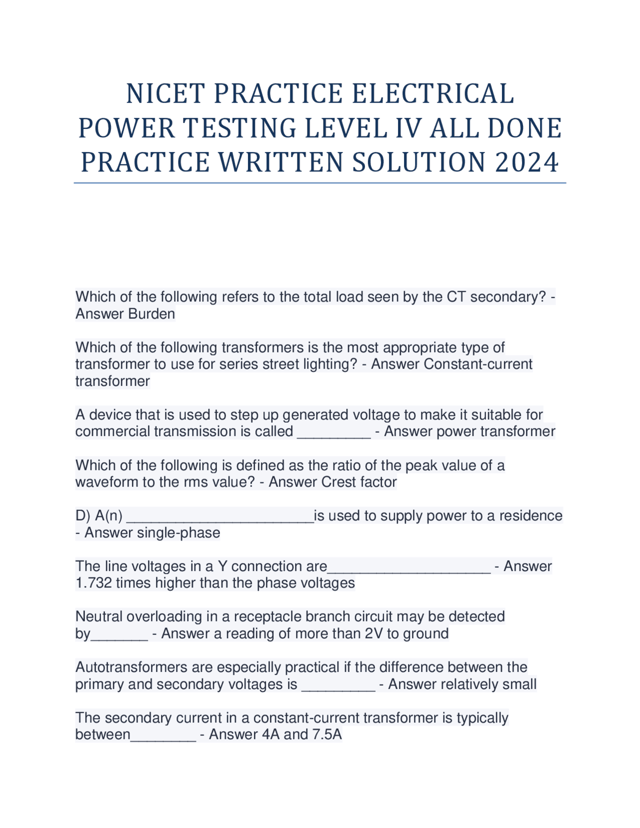 NICET PRACTICE ELECTRICAL POWER TESTING LEVEL IV ALL DONE PRACTICE ...
